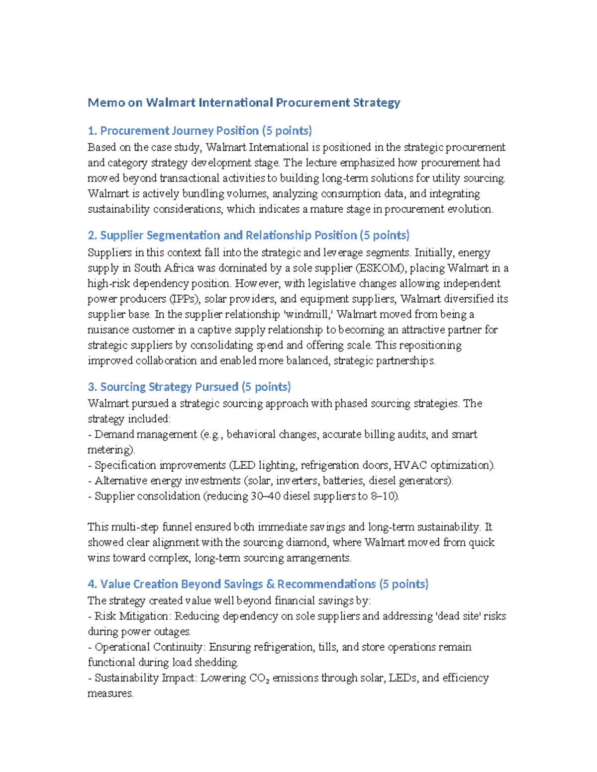 Memo on Walmart Int'l Procurement Strategy Analysis: Key Insights - Studocu