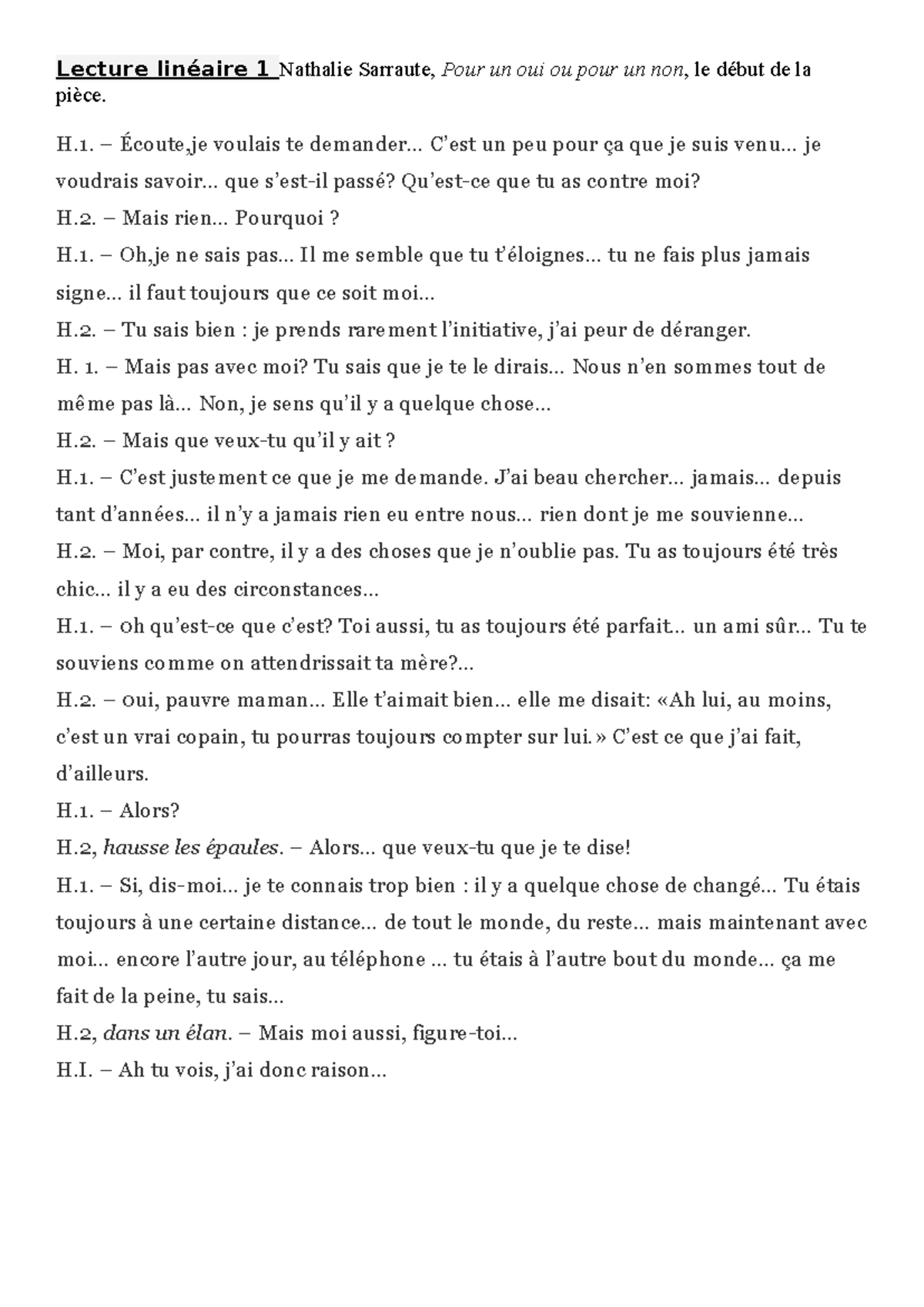 Lecture linéaire 1 et 3 : Nathalie Sarraute, Pour un oui ou pour un non ...