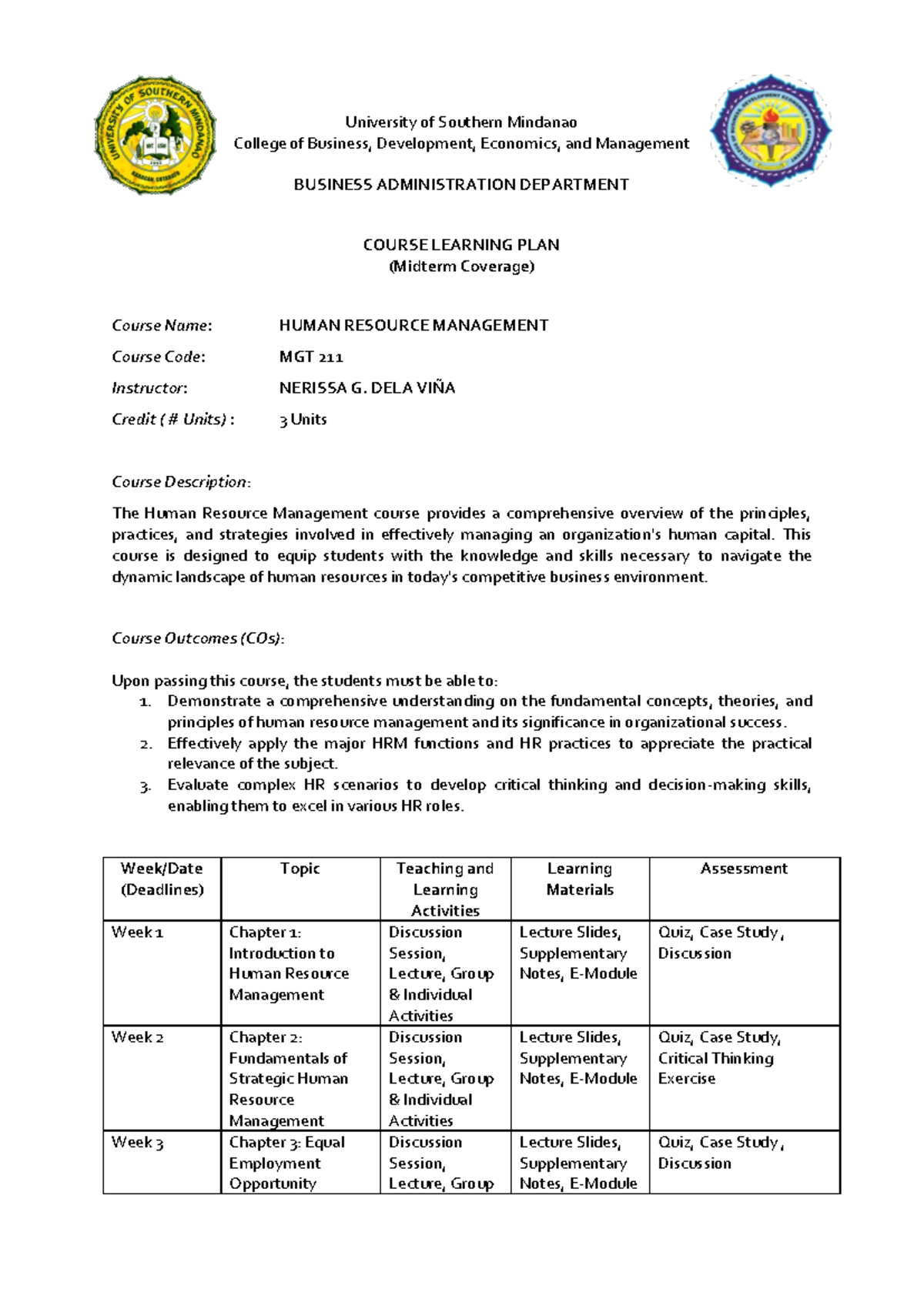 MGT 211 HRM Midterm Course Learning Plan AY2024-2025 - Studocu