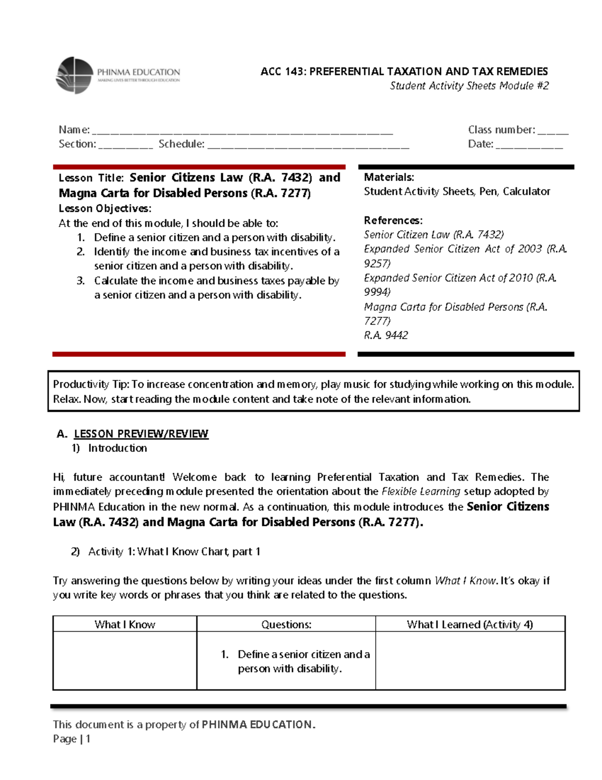 ACC 143: Student Activity Sheets on Senior Citizens & PWD Tax ...
