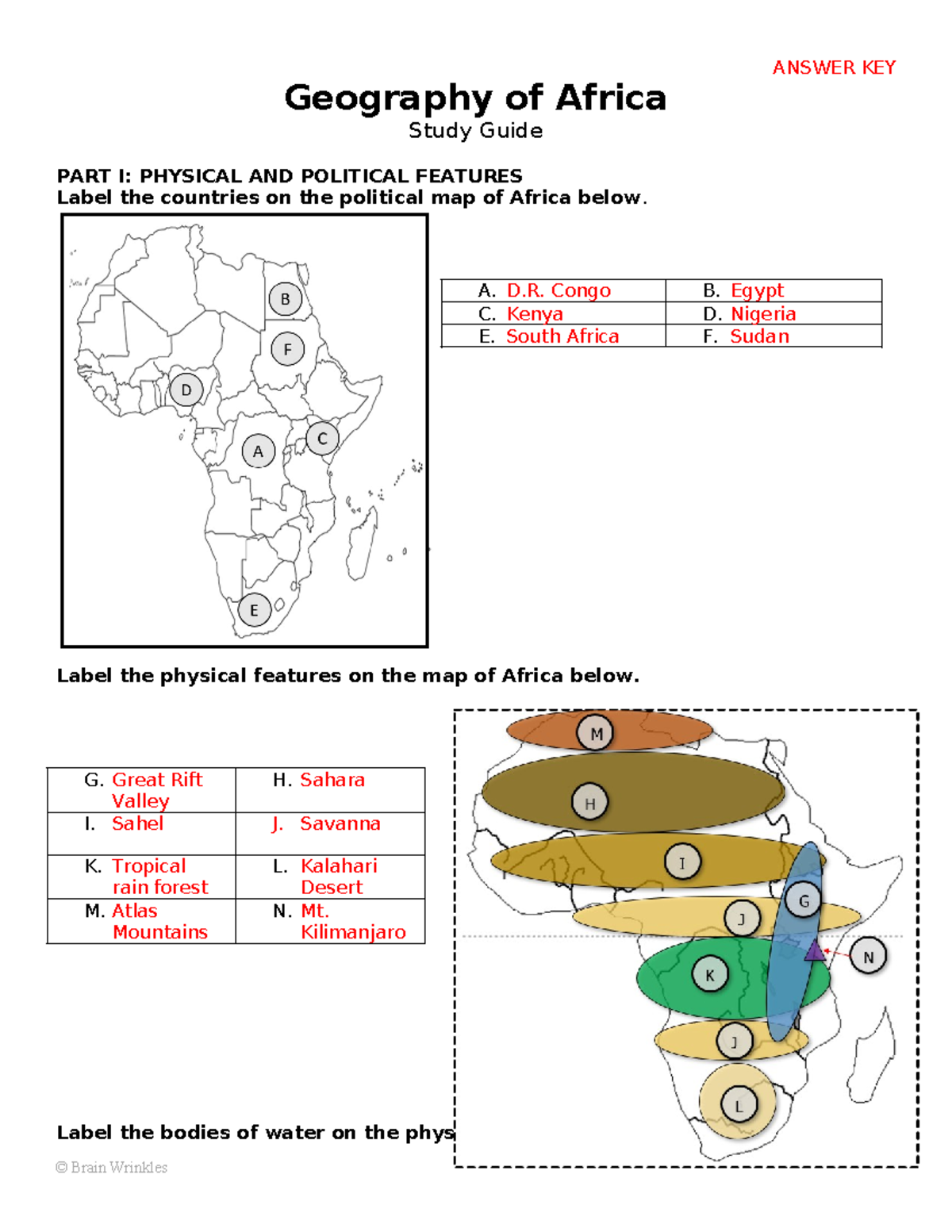 Geography of Africa Study Guide KEY: Physical & Political Features ...