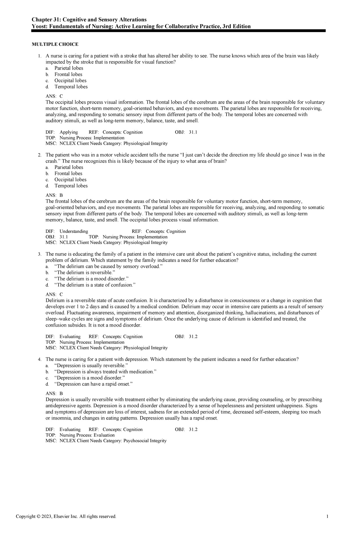 Cognitive & Sensory Alterations - Exam Review (Ch. 31, Nursing) - Studocu