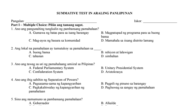 SUMMATIVE TEST IN ARALING PANLIPUNAN AP 4 Q3 W3 - Studocu