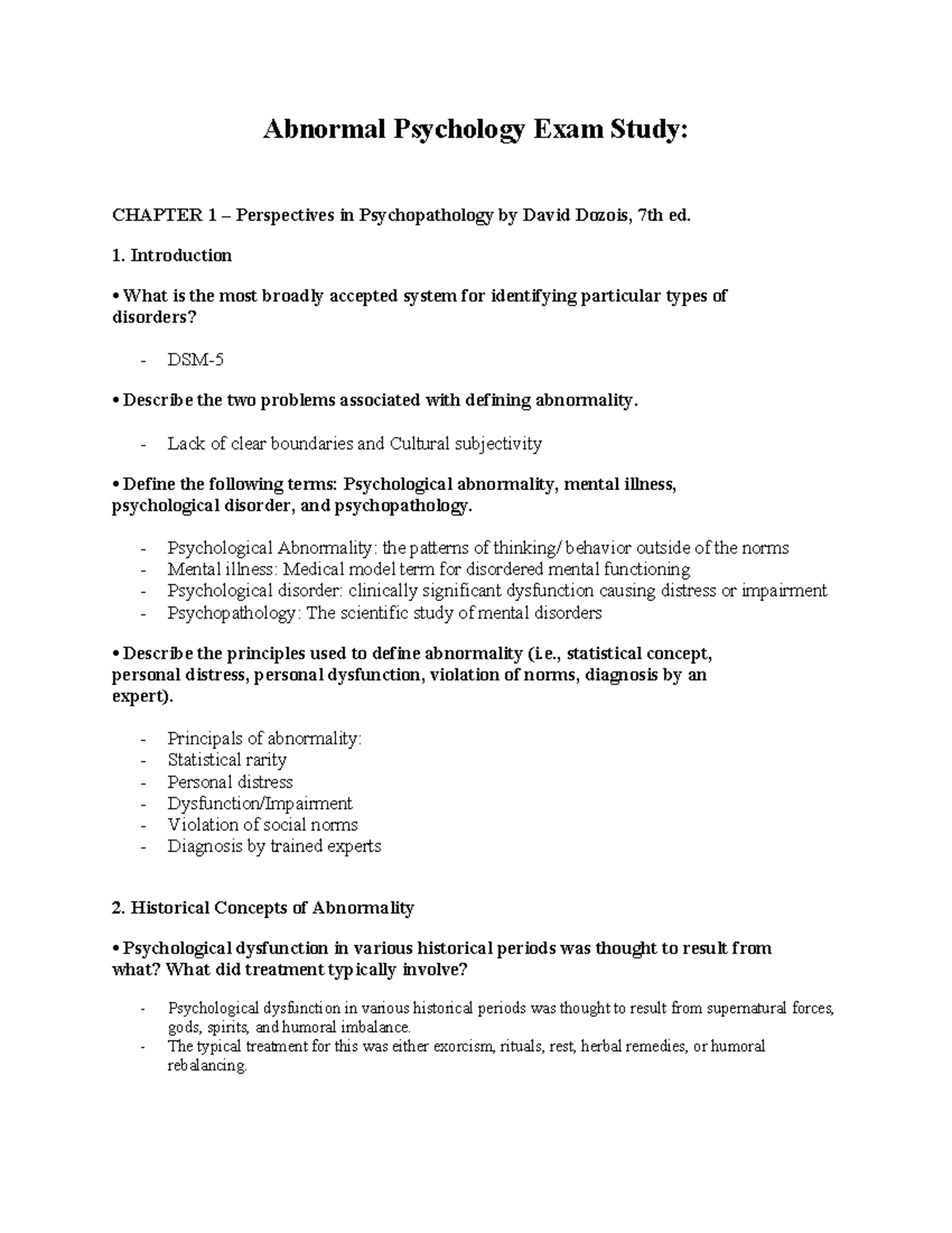Abnormal Psychology Exam Study: CHAPTER 1 Perspectives in ...