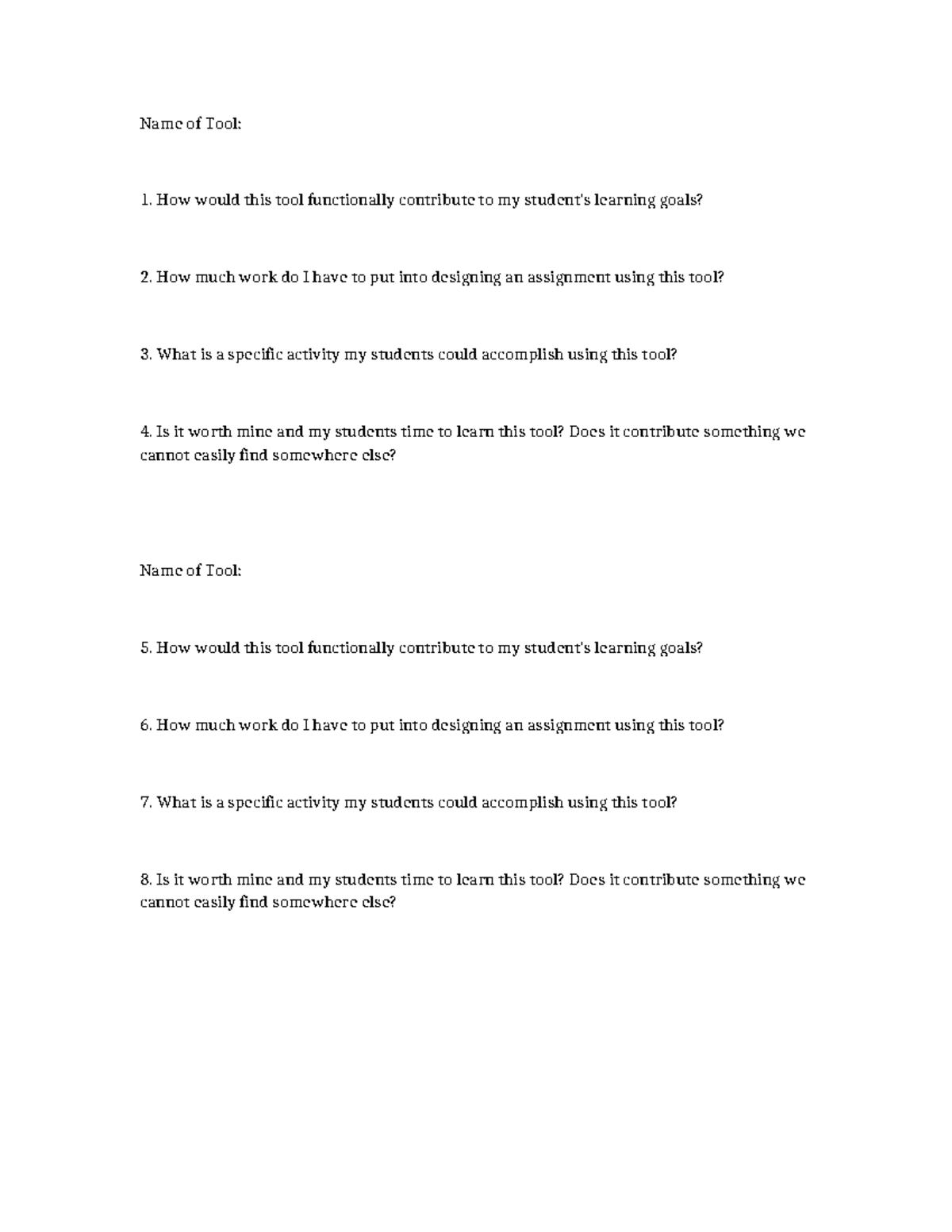 Tool Evaluation Template: Assessing Learning Contributions and Efforts ...