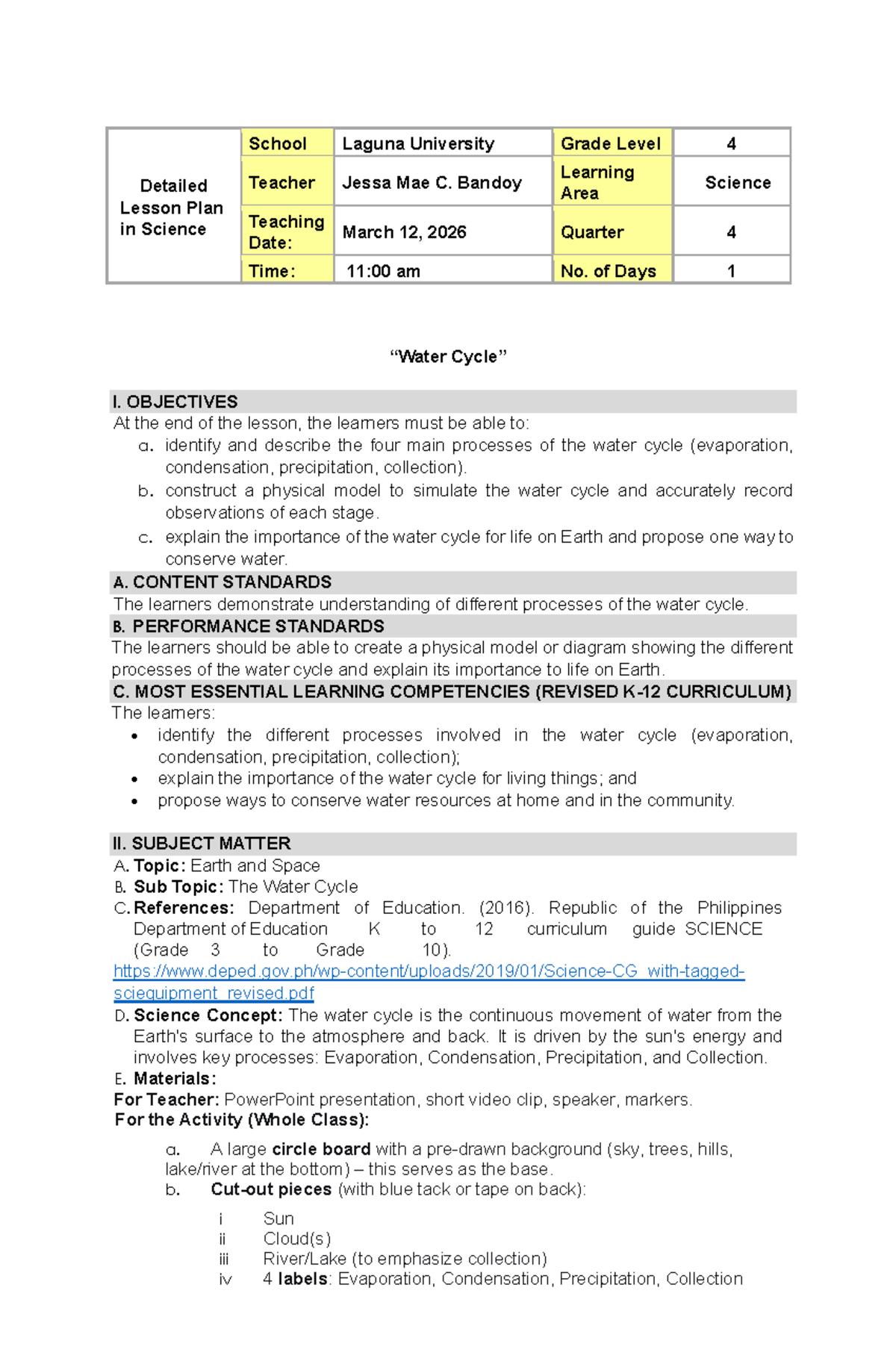 Detailed Lesson Plan: Water Cycle in Science (Grade 2) - LP Bandoy ...