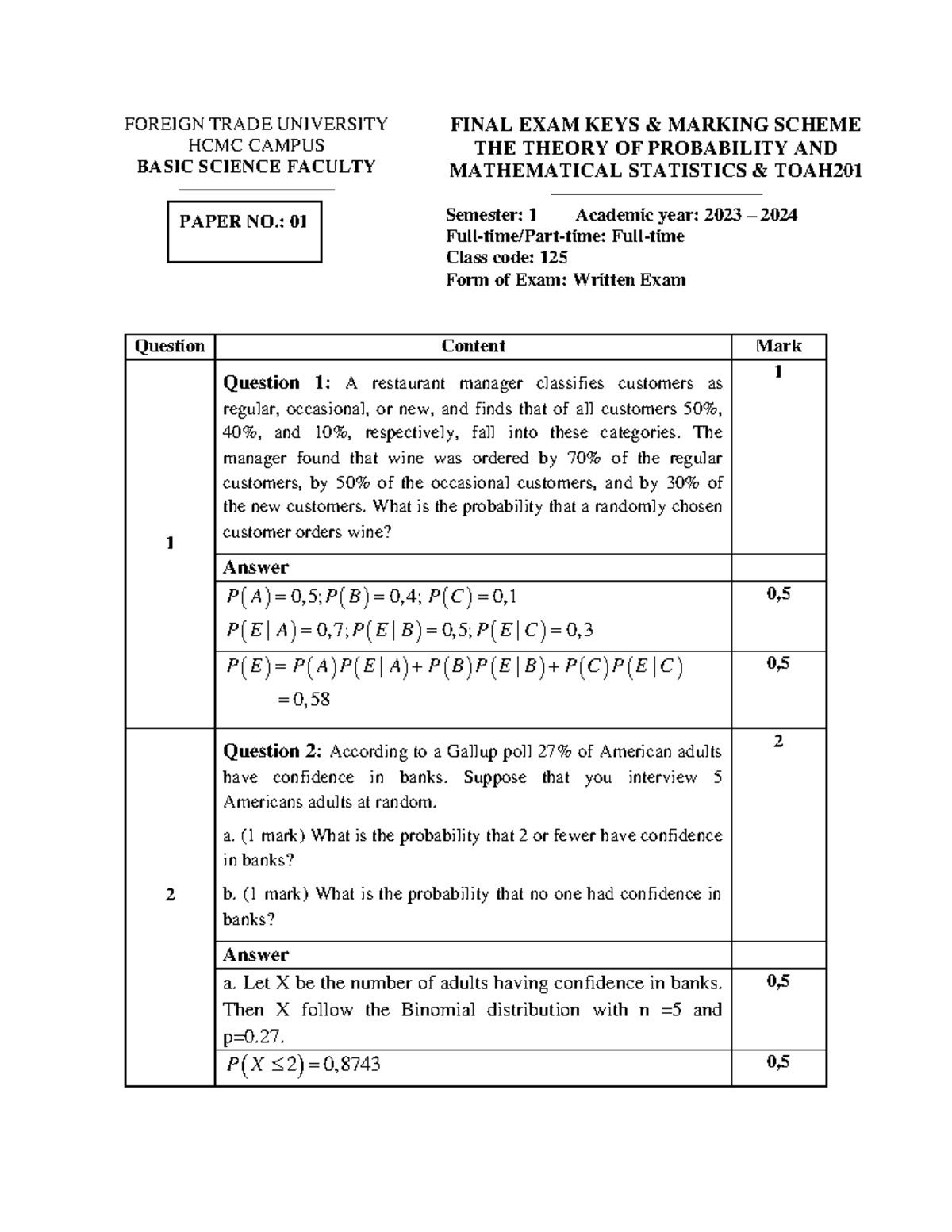 Final Exam Keys & Marking Scheme for Probability & Statistics (Class ...