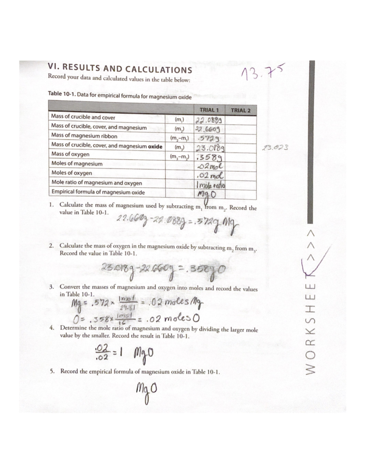 Lab 10- Determining the Empirical Formula of Magnesium Oxide - VI ...