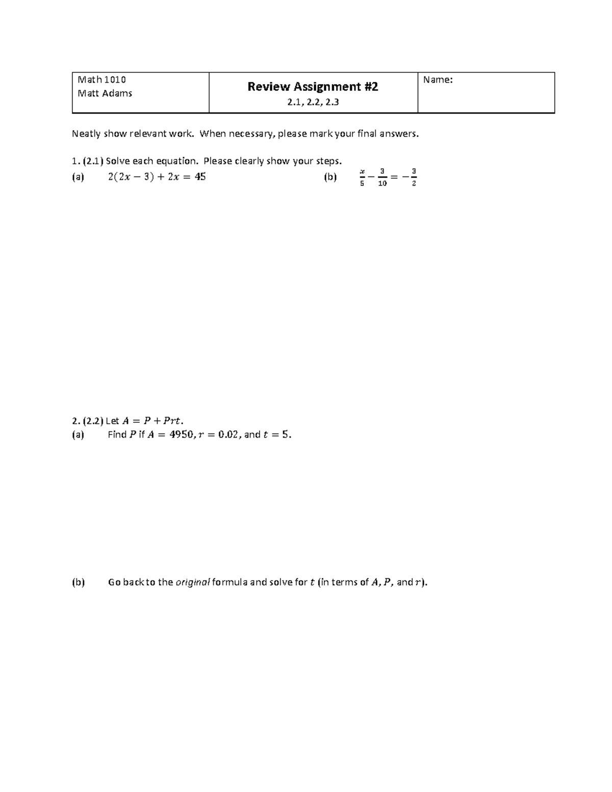 Math 1010 Review Assignment #2: Equations & Triangle Problems - Studocu