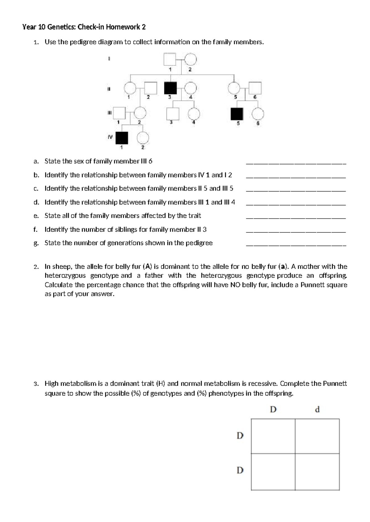 Year 10 Genetics: Homework 2 - Pedigree Analysis & Punnett Squares ...