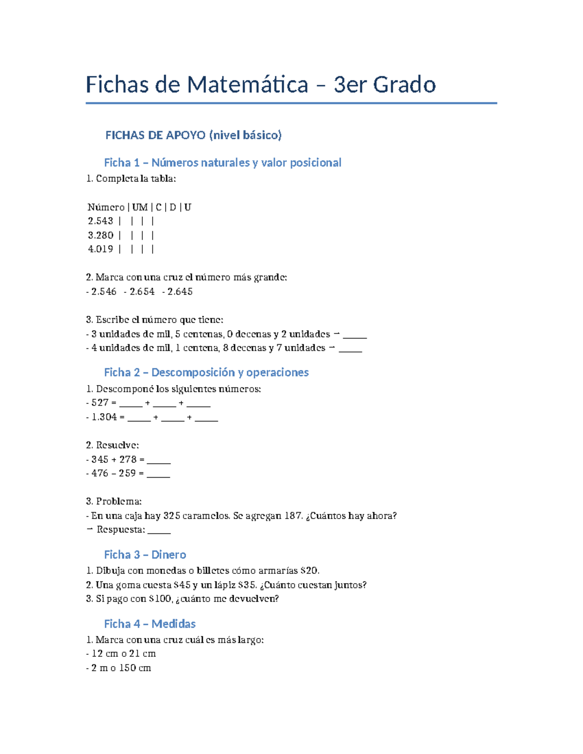 Fichas de Matemática 3er Grado: Ejercicios y Desafíos - Studocu