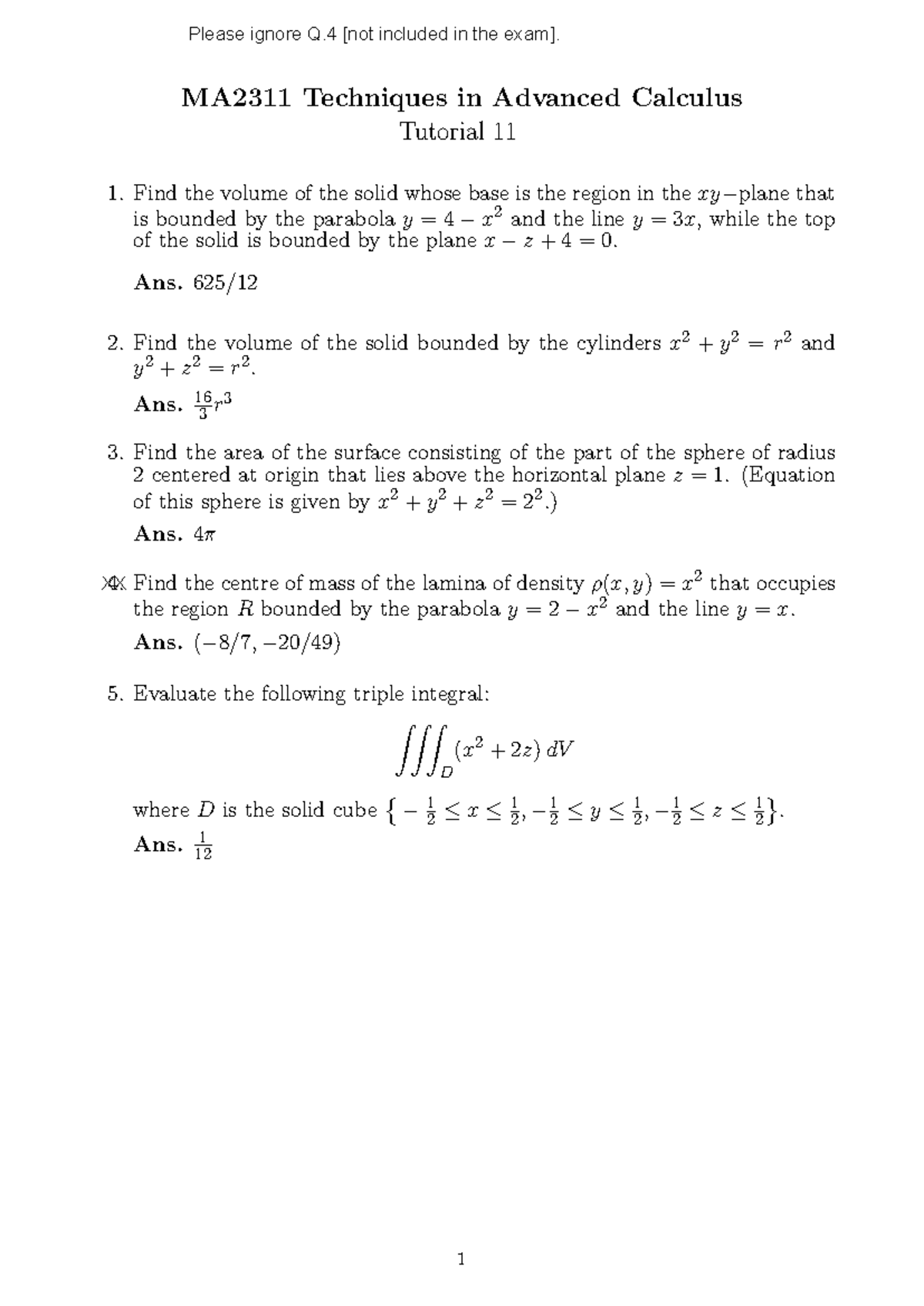 MA2311 Tutorial 11: Advanced Calculus Volume & Surface Area Problems ...