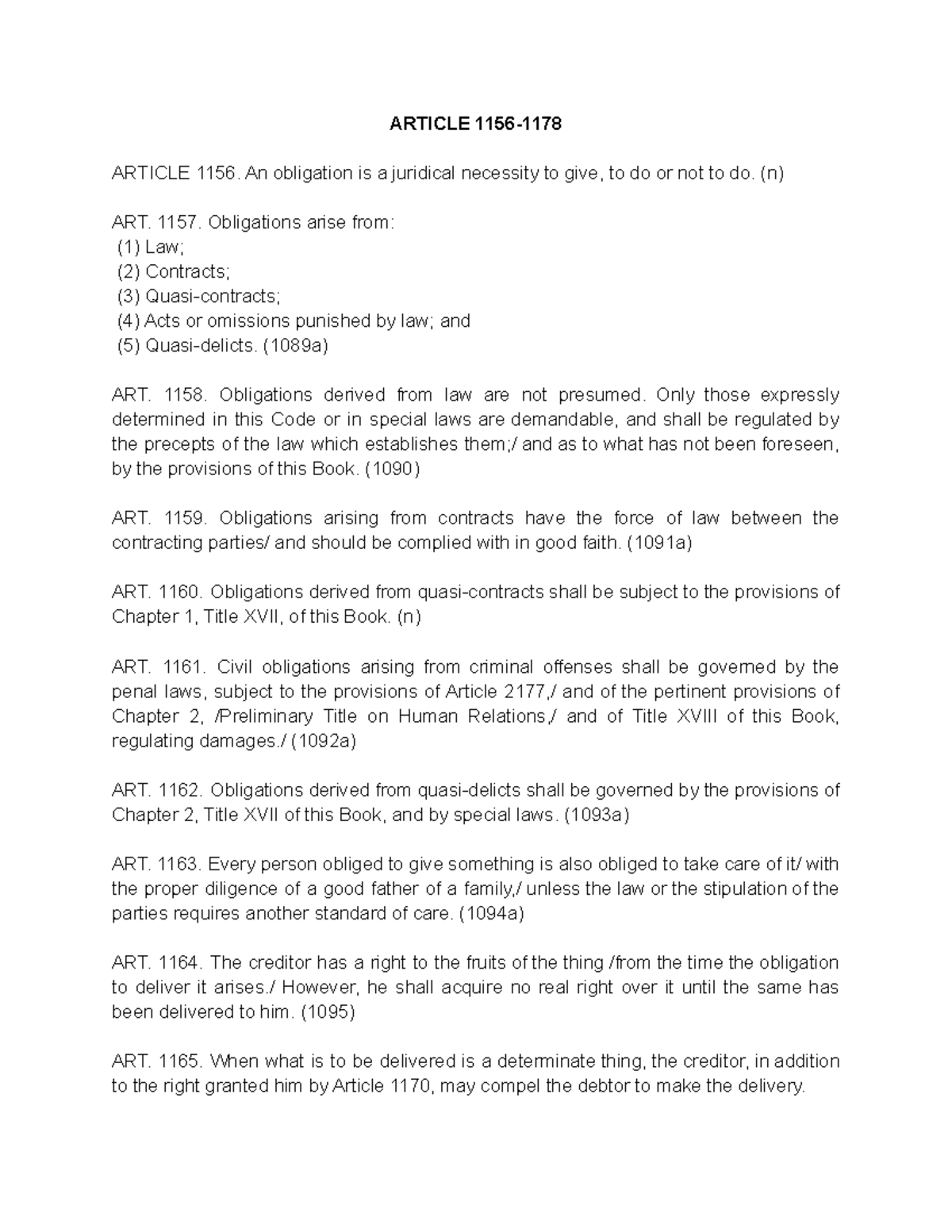 Obligations Under Civil Law: Articles 1156-1178 Overview - Studocu