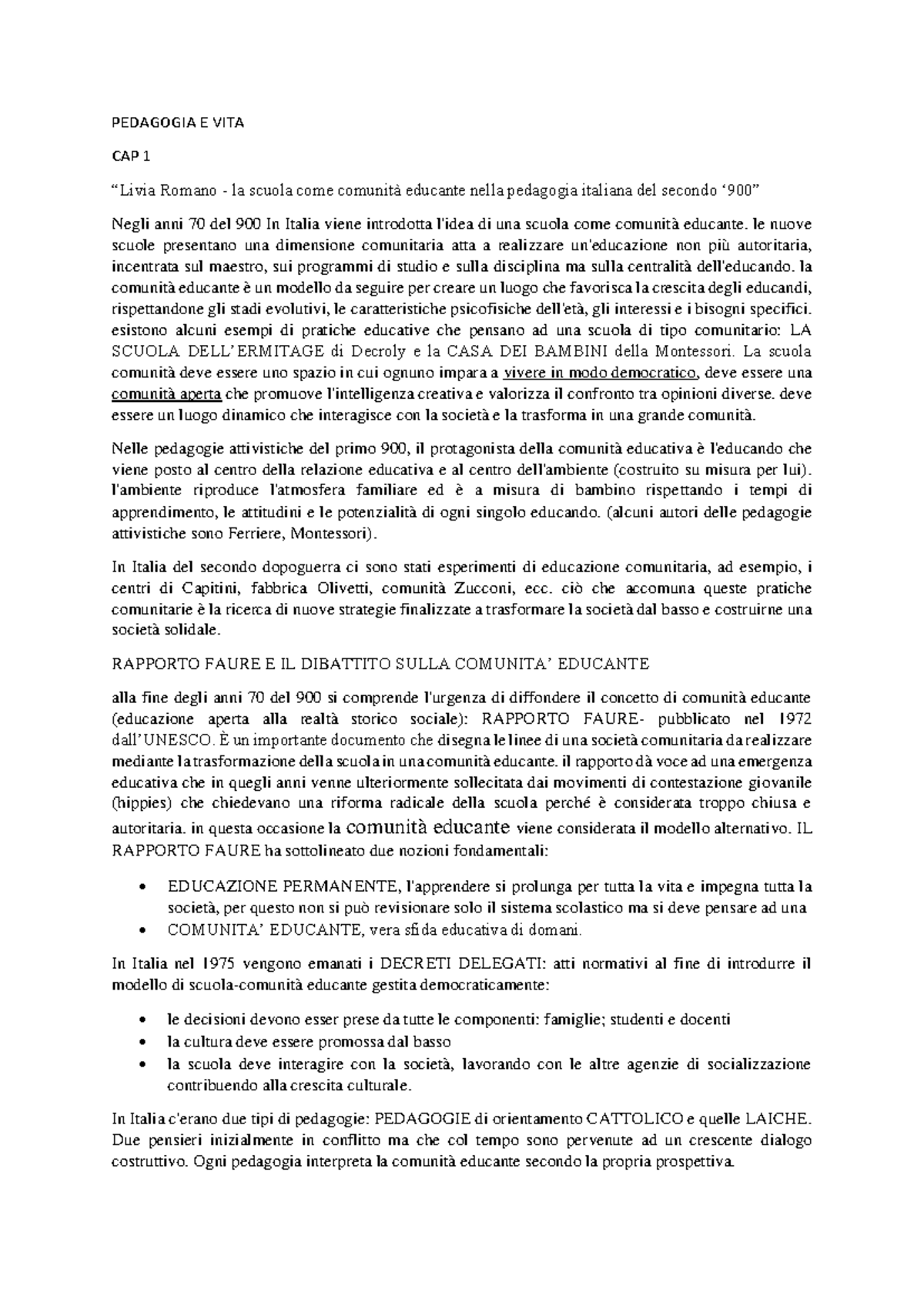 Riassunto Pedagogia E VITA - PEDAGOGIA E VITA CAP 1 “Livia Romano - la ...