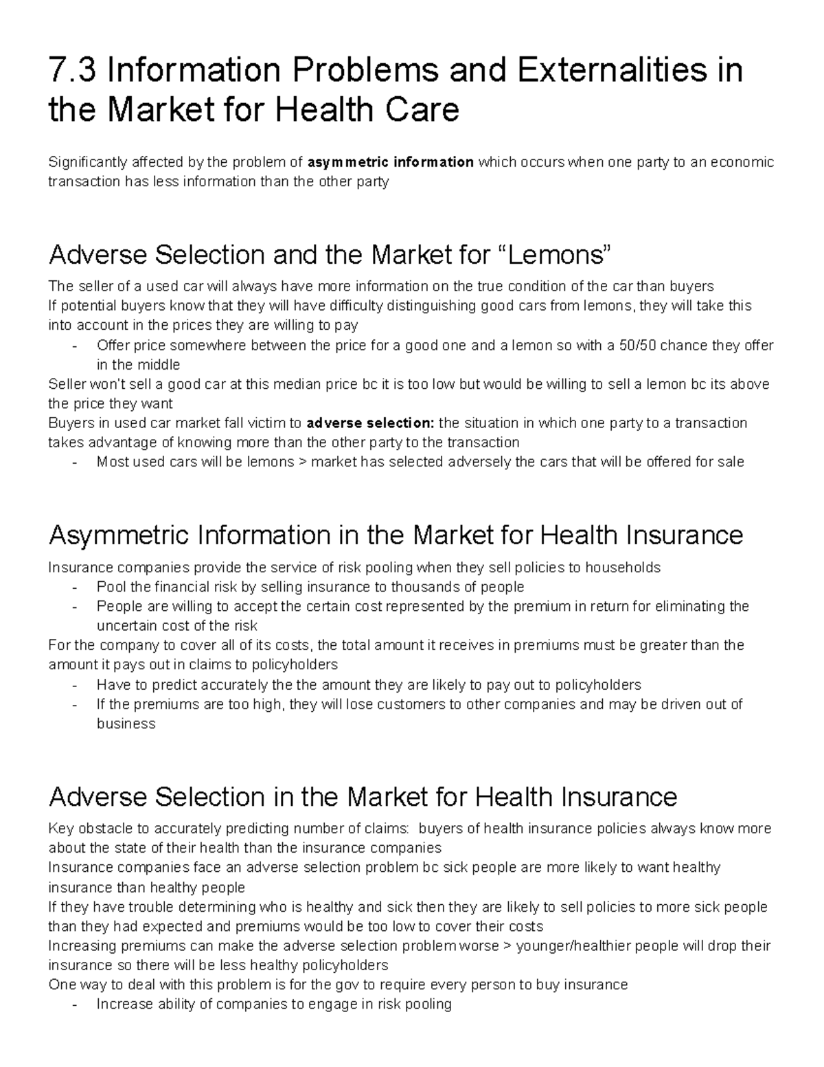 7.3 Information Problems and Externalities in the Market for Health ...