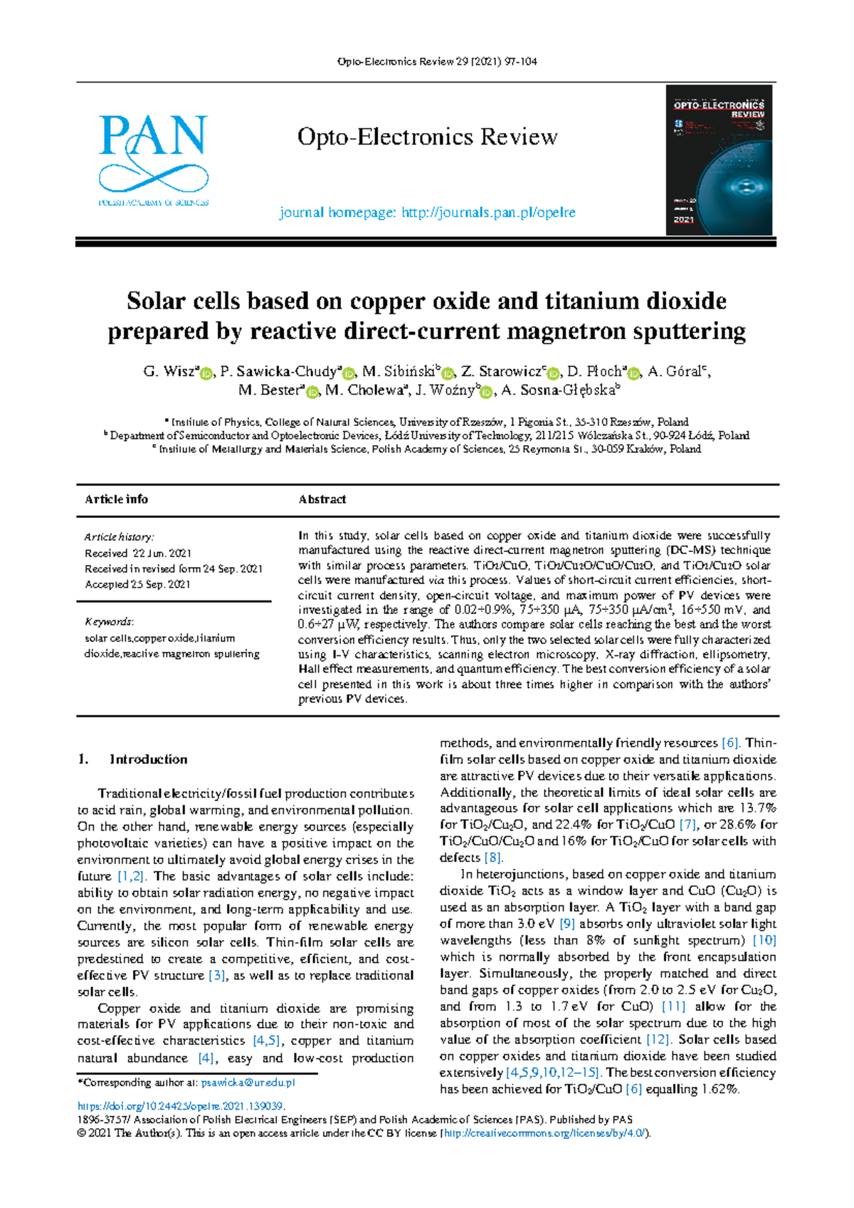 Solar cells based on copper oxide a - Opto-Electronics Review 29 ( 2021 ...