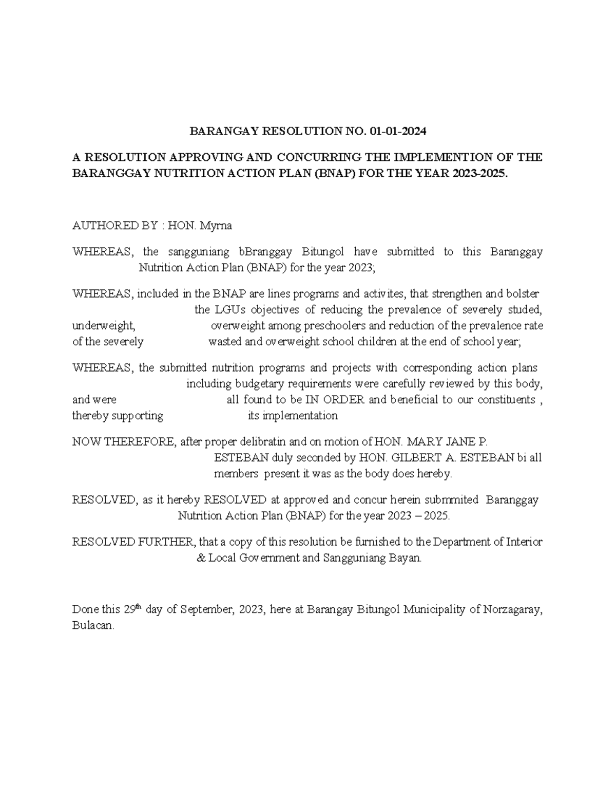 Barangay Resolution No. 01-01: Approval of BNAP 2023-2025 - Studocu