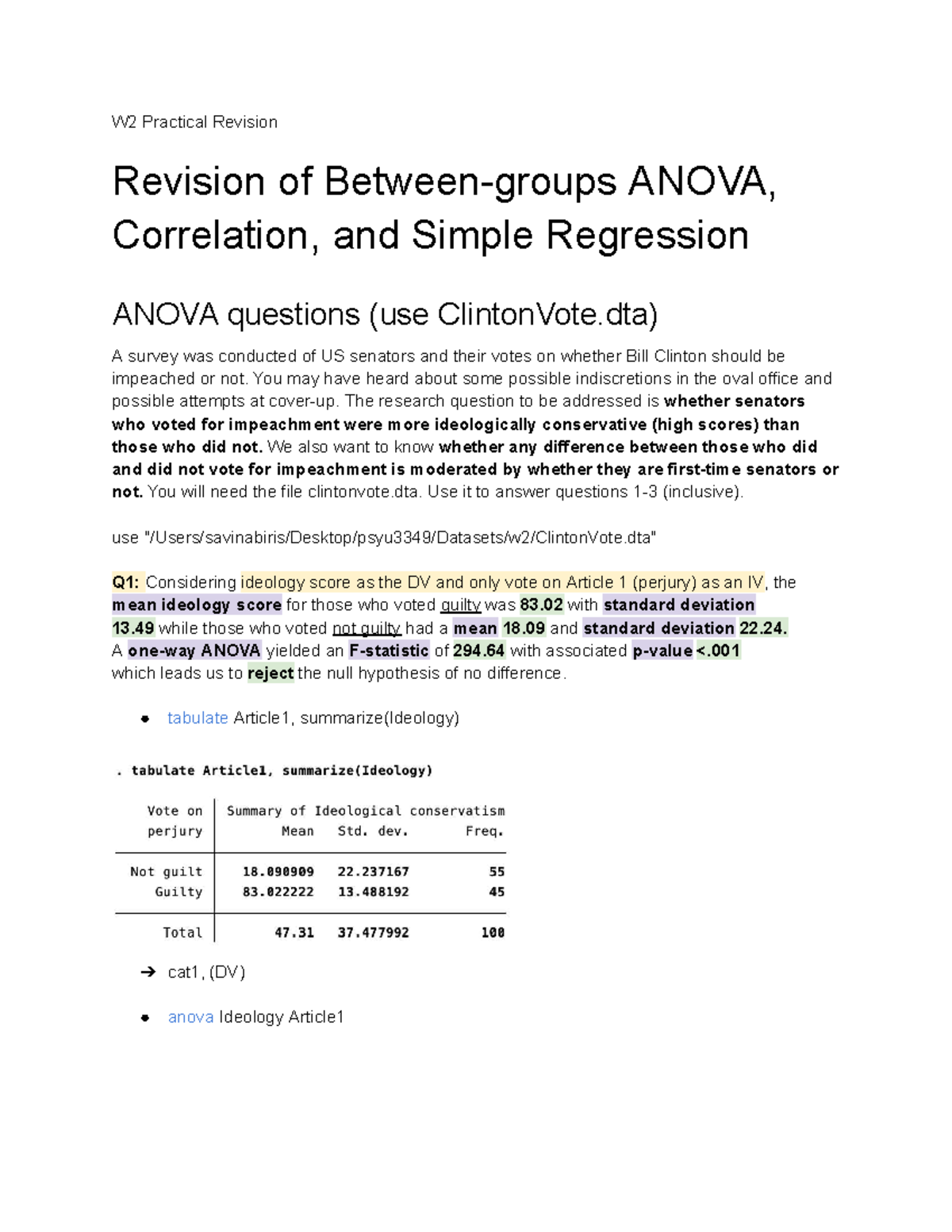 W2 Practical Revision: ANOVA, Correlation & Regression Analysis - Studocu