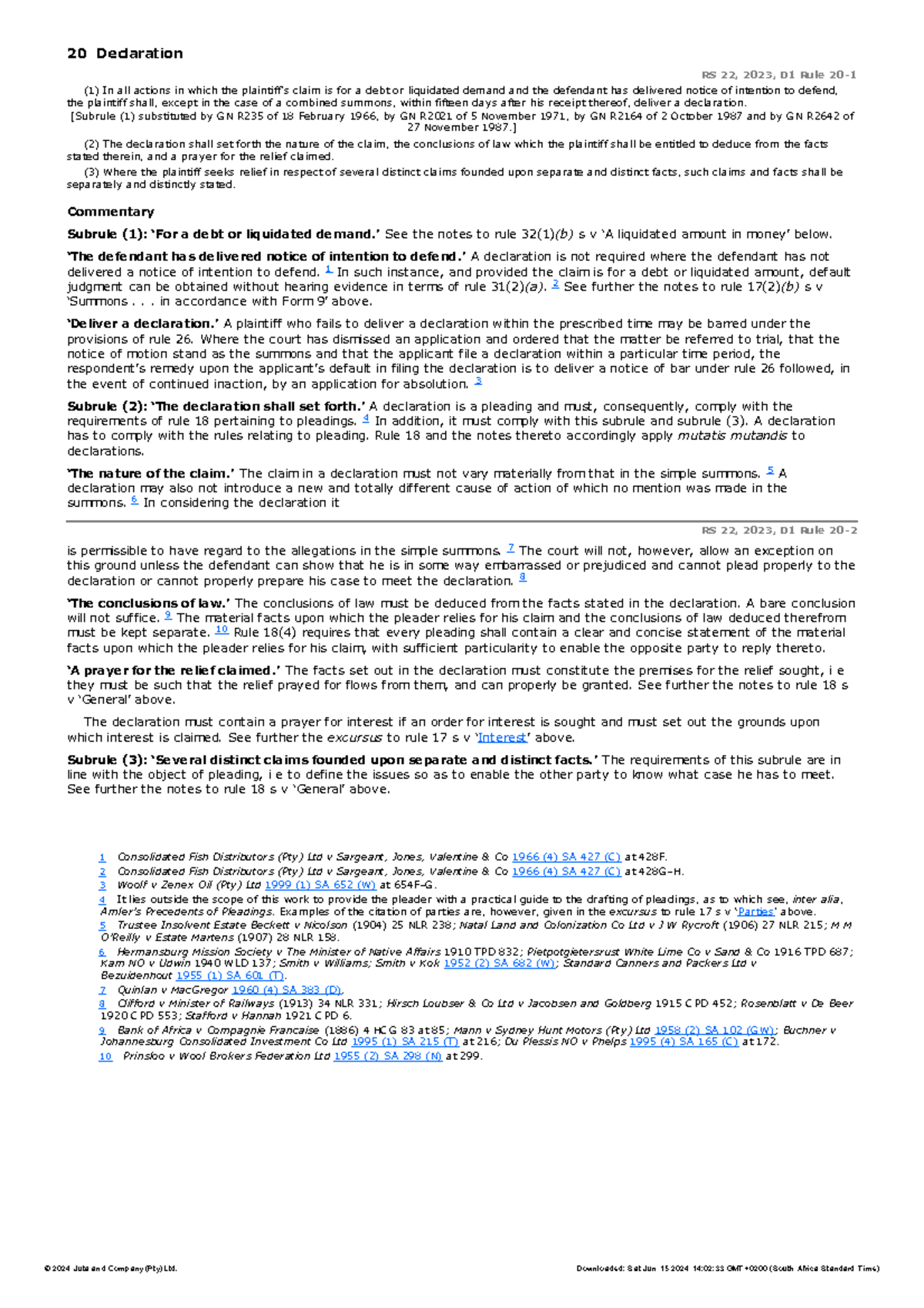 Rule 20 - Declaration Guidelines for Debt Claims (RS 22, 2023) - Studocu