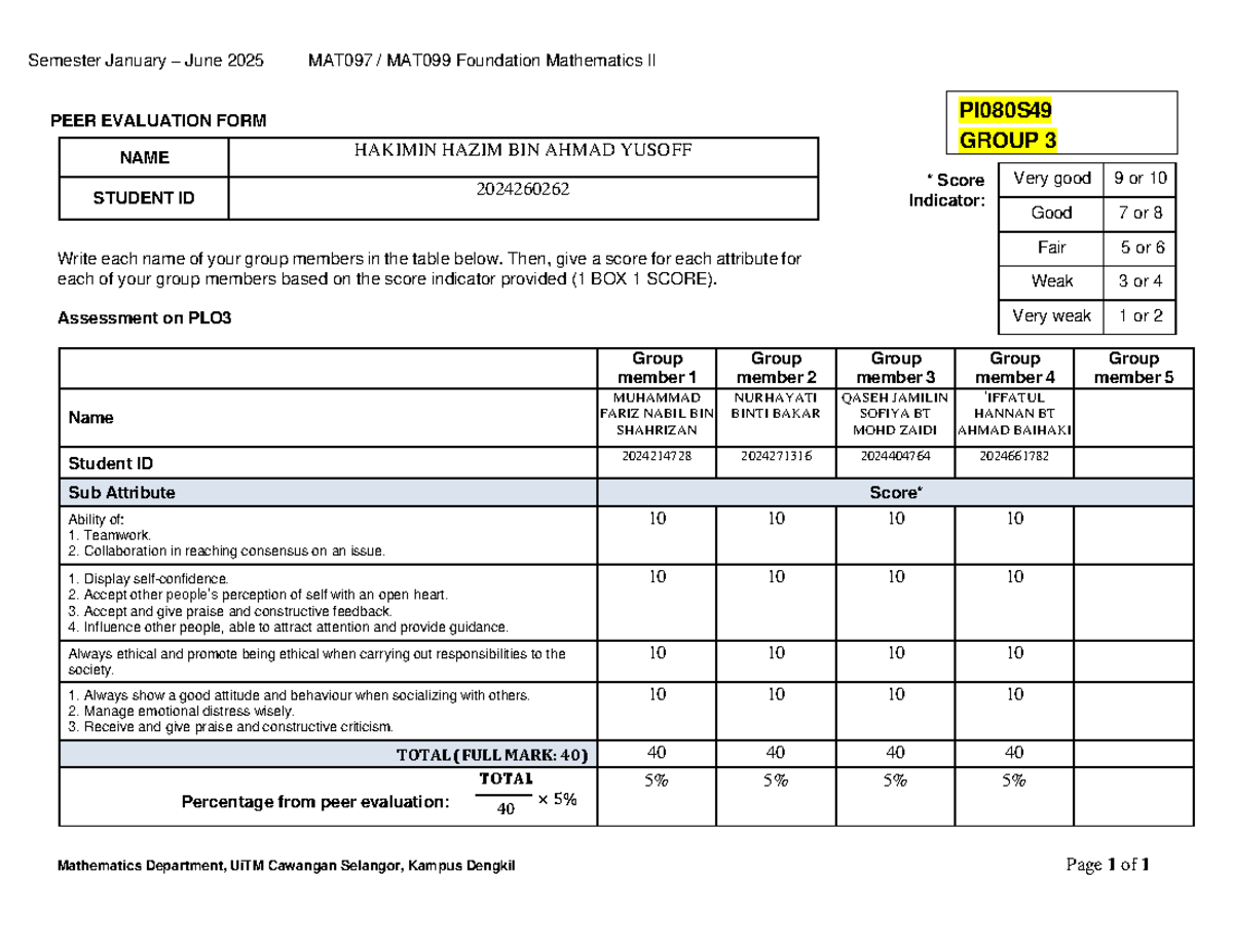 Peer Evaluation Form for MAT097/MAT099 Foundation Mathematics II - Studocu