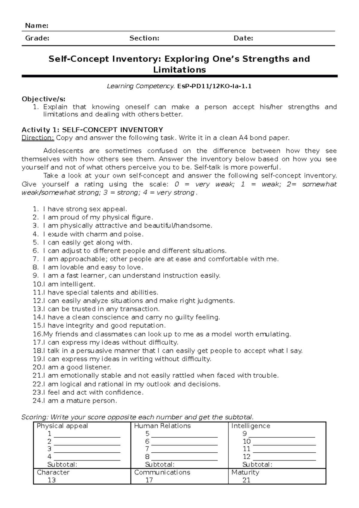 Self-Concept Inventory for Self-Awareness: EsP-PD11/12KO-Ia-1 - Studocu