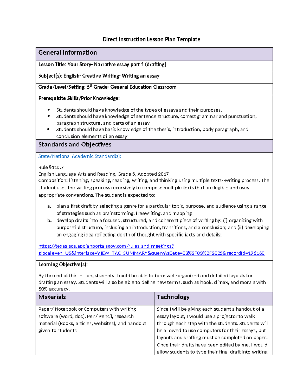 Creative Writing Lesson Plan: Narrative Essay Drafting (5th Grade ...