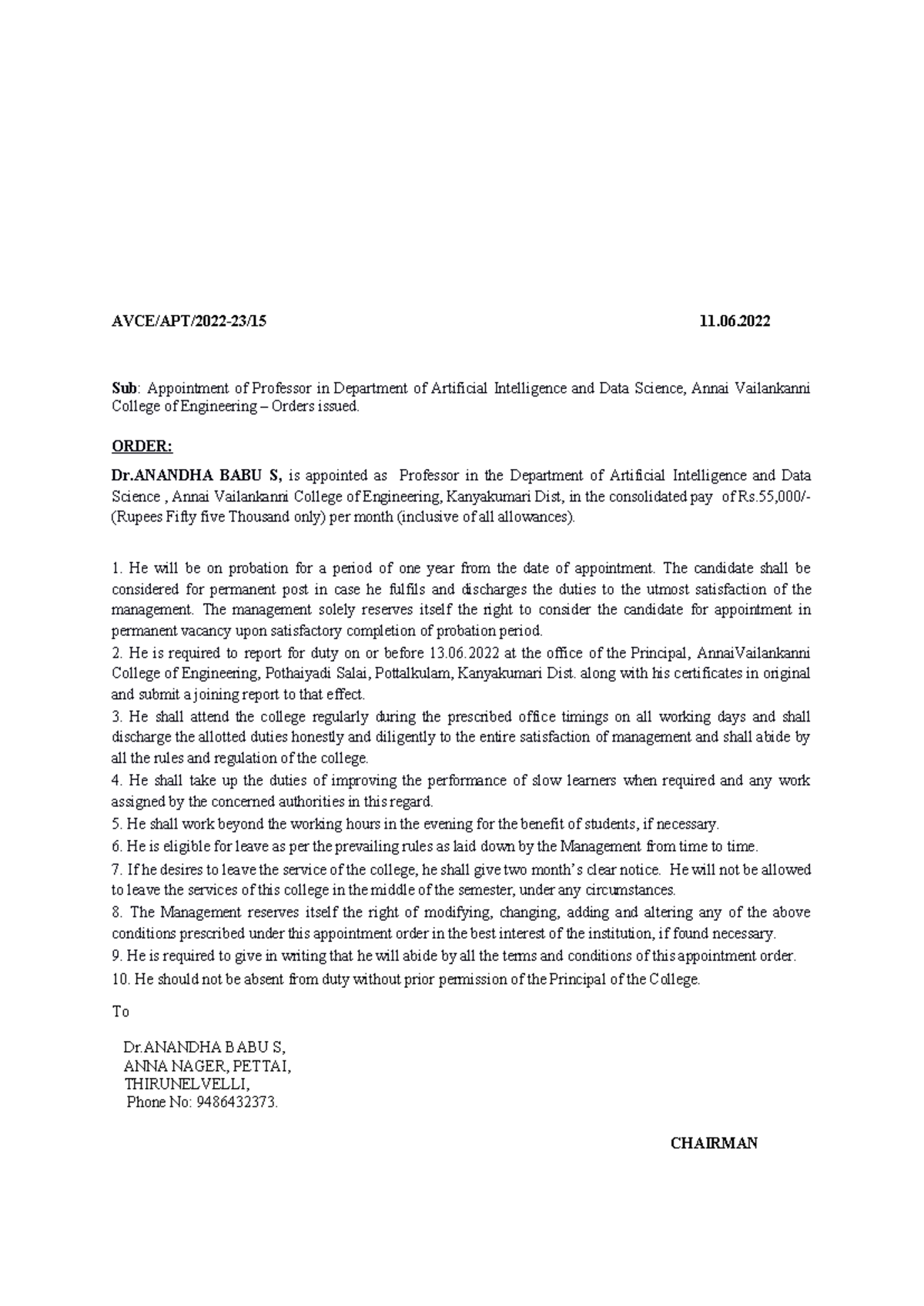 Appointment Orders for Faculty in AI & DS Department at Annai ...