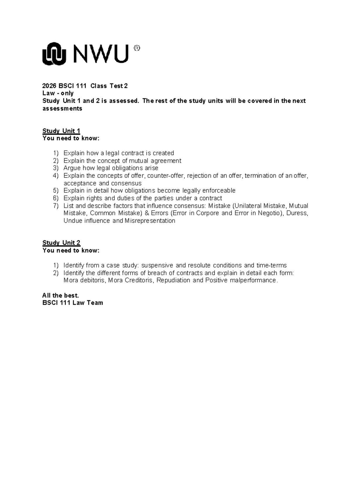 BSCI 111 Test 2 Study Guide: Law Unit 1 & 2 Overview - Studocu