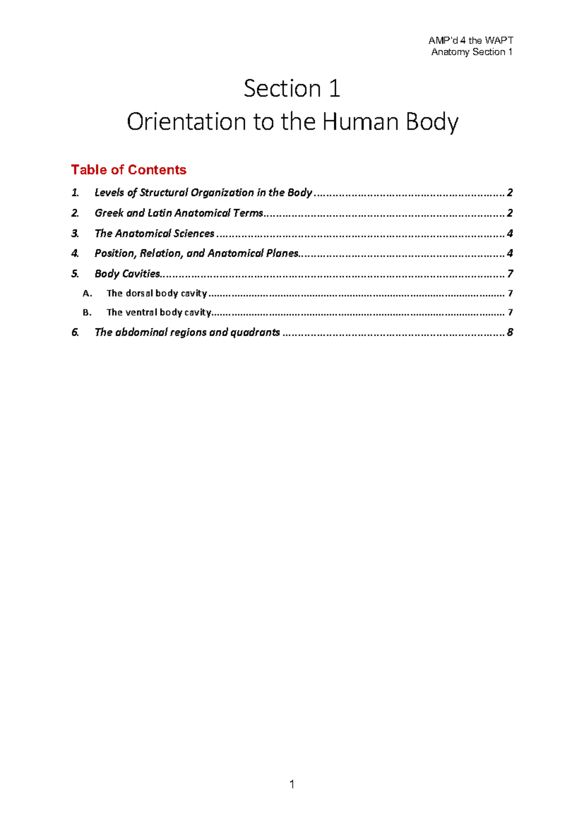WAPT Anatomy Section 1: Orientation to the Human Body Notes - Studocu