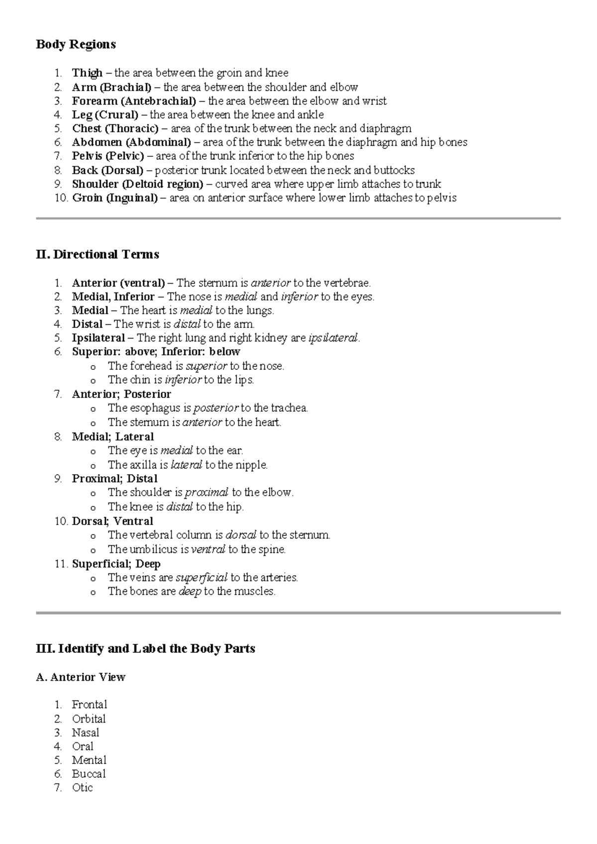 Body Regions and Directional Terms Review for Anatomy 101 - Studocu