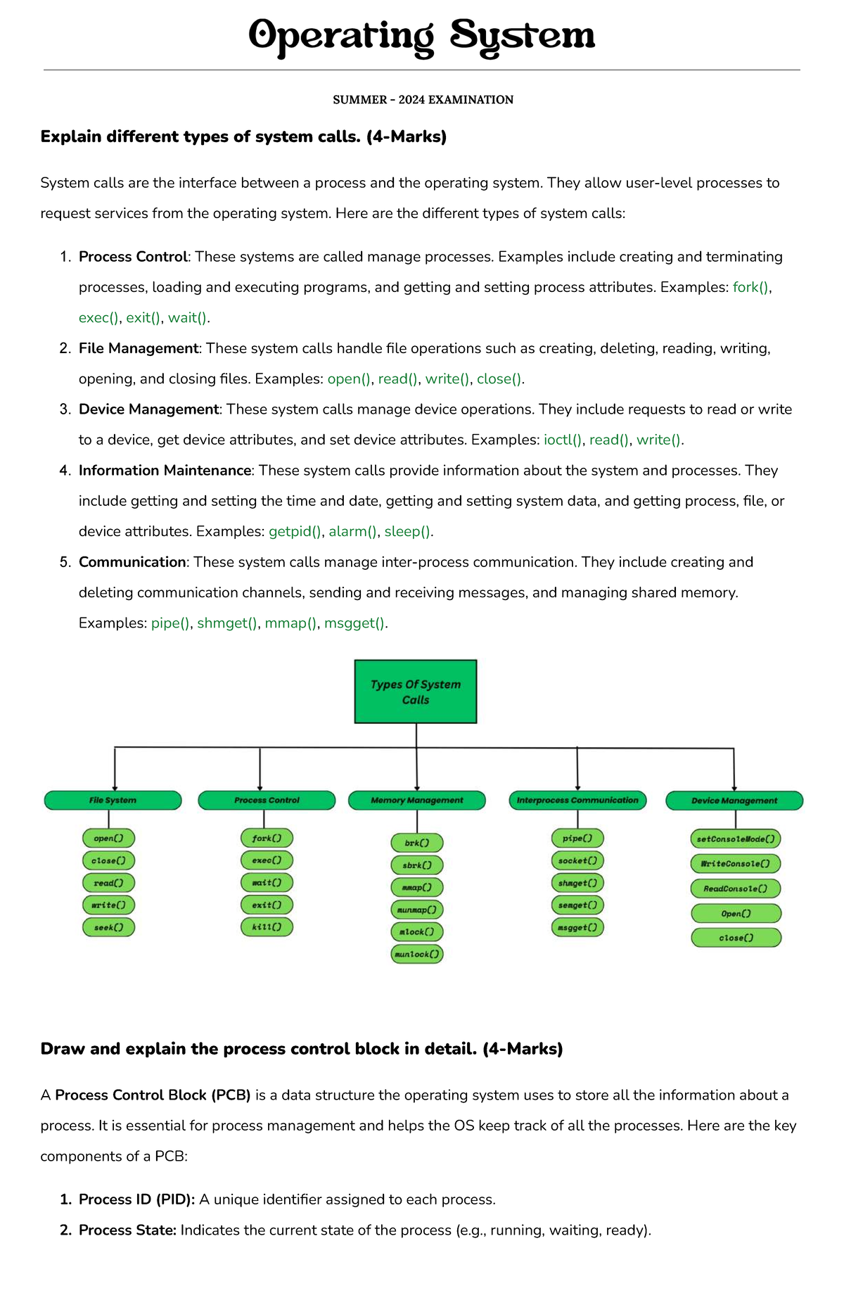 2022 Summer - Operating System: Types of System Calls and PCB Explained ...