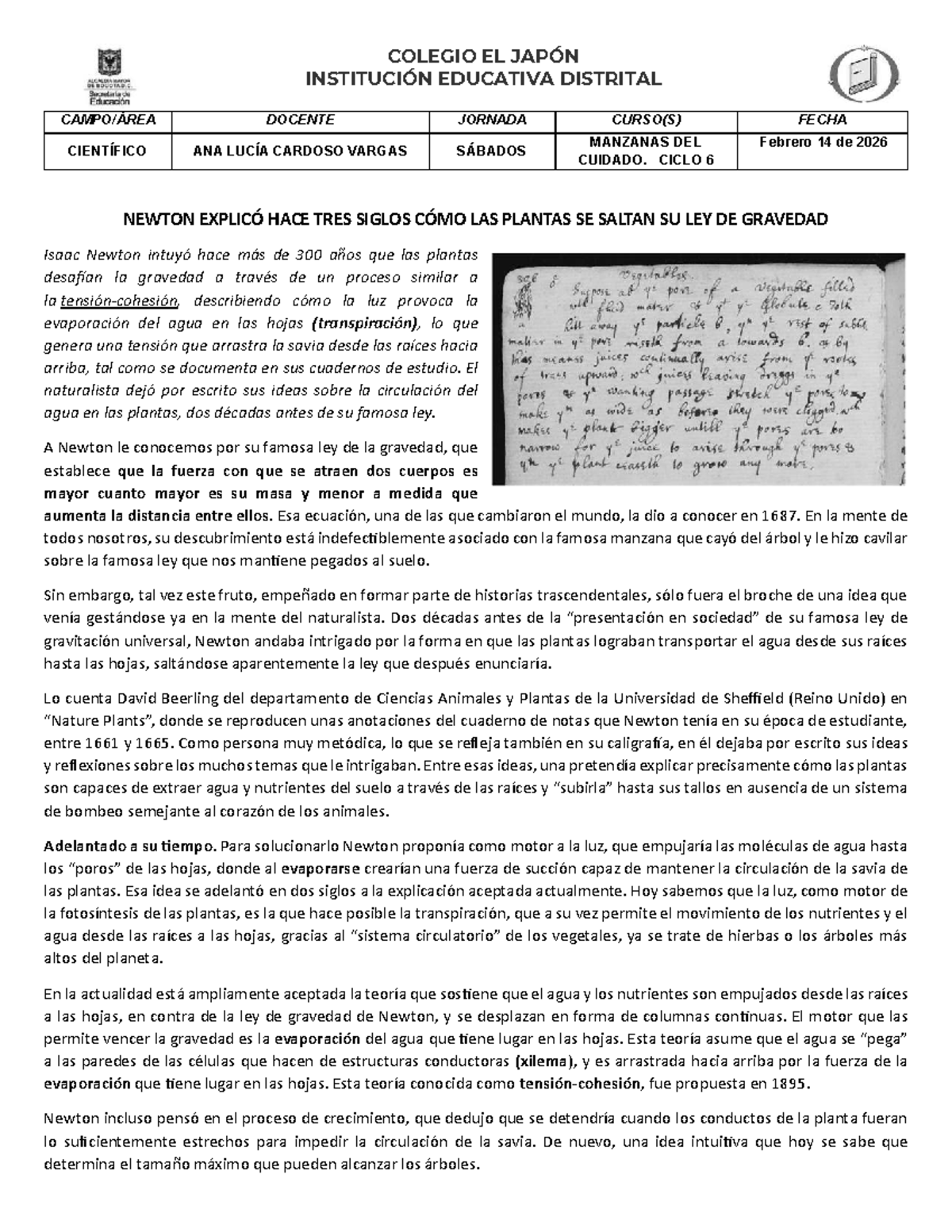 Lectura sobre Newton y la Gravedad en Plantas - Ciclo 6 - Studocu