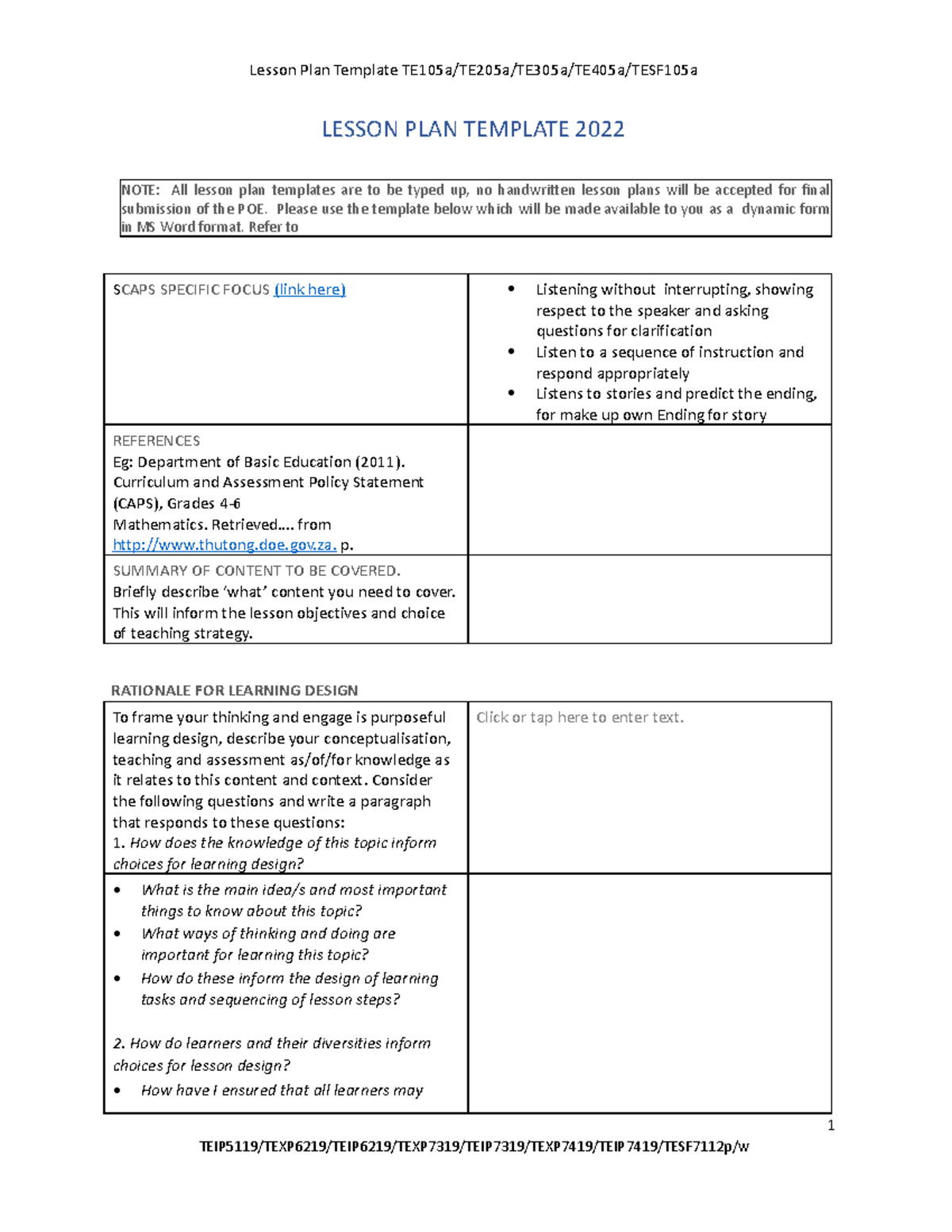 B.Ed TESF7112p/TESF7112w Lesson Plan Template 2022 - Studocu