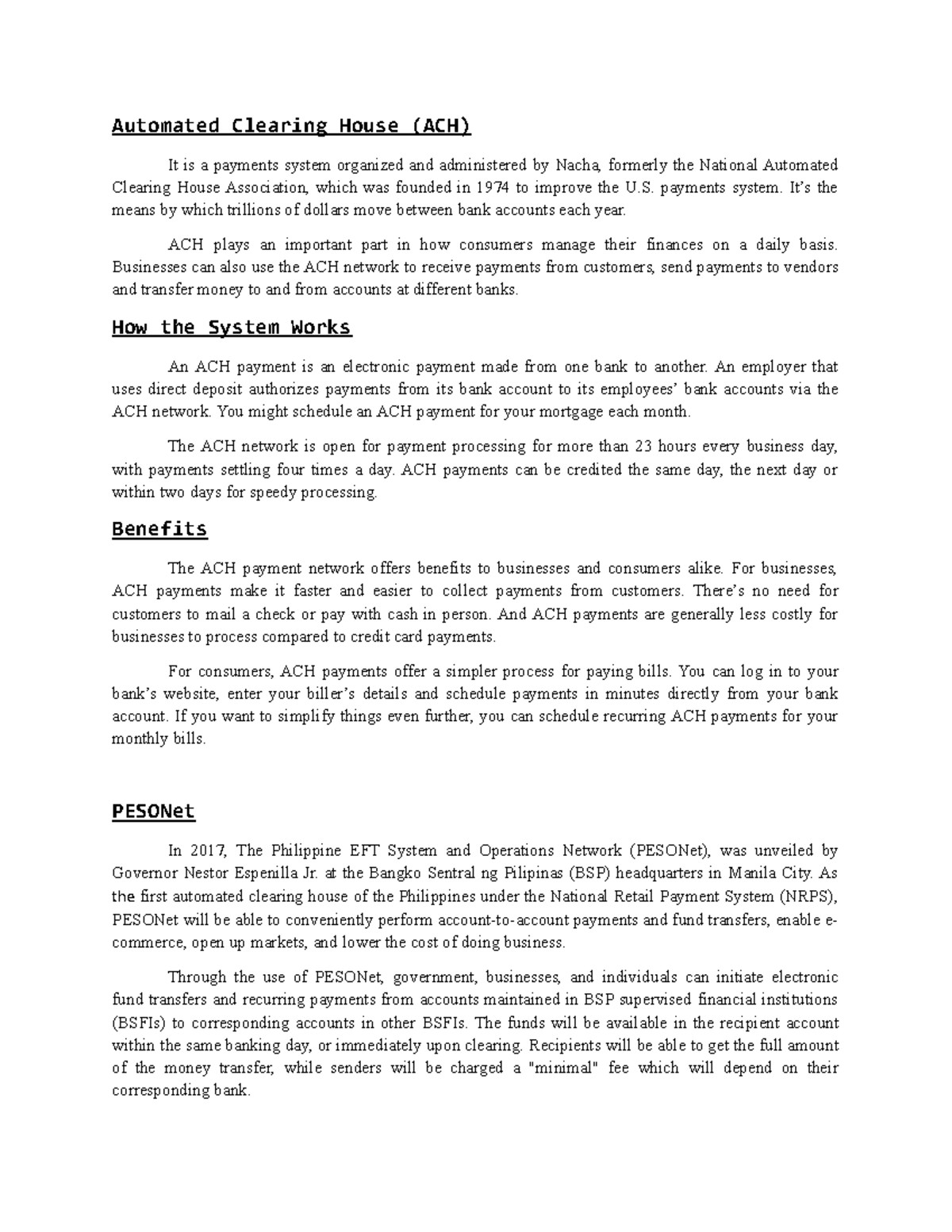Automated Clearing House (ACH) Overview and Payment Systems Analysis ...