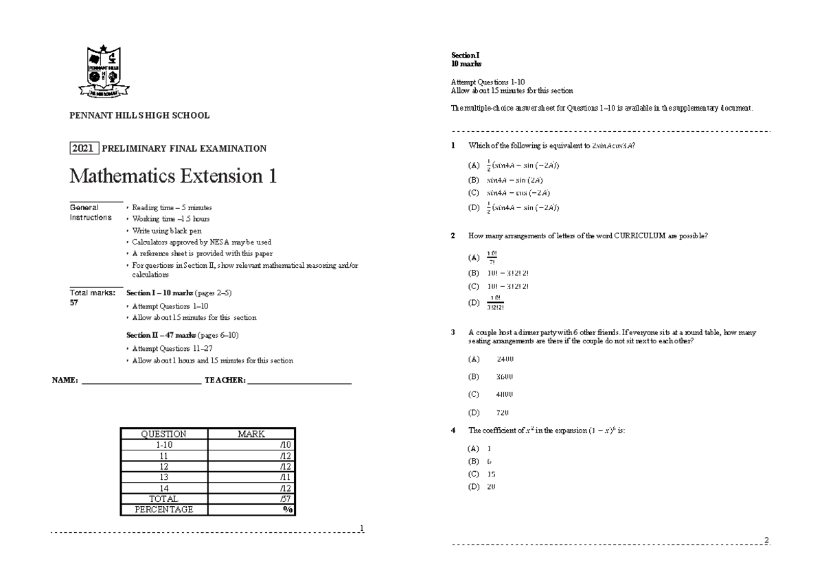 PHHS 2021 Preliminary Final Exam - Mathematics Extension 1 - Studocu