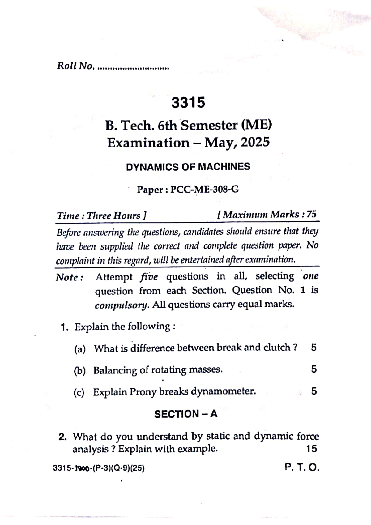 B. Tech. ME 6th Sem May 2025 Dynamics of Machines Exam Paper - Studocu