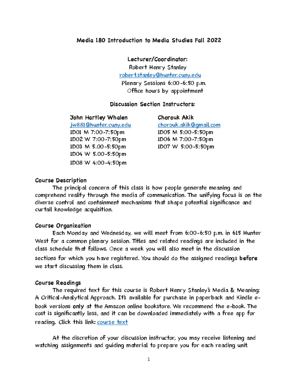 Introduction to Media Studies syllabus - Media 180 Introduction to ...