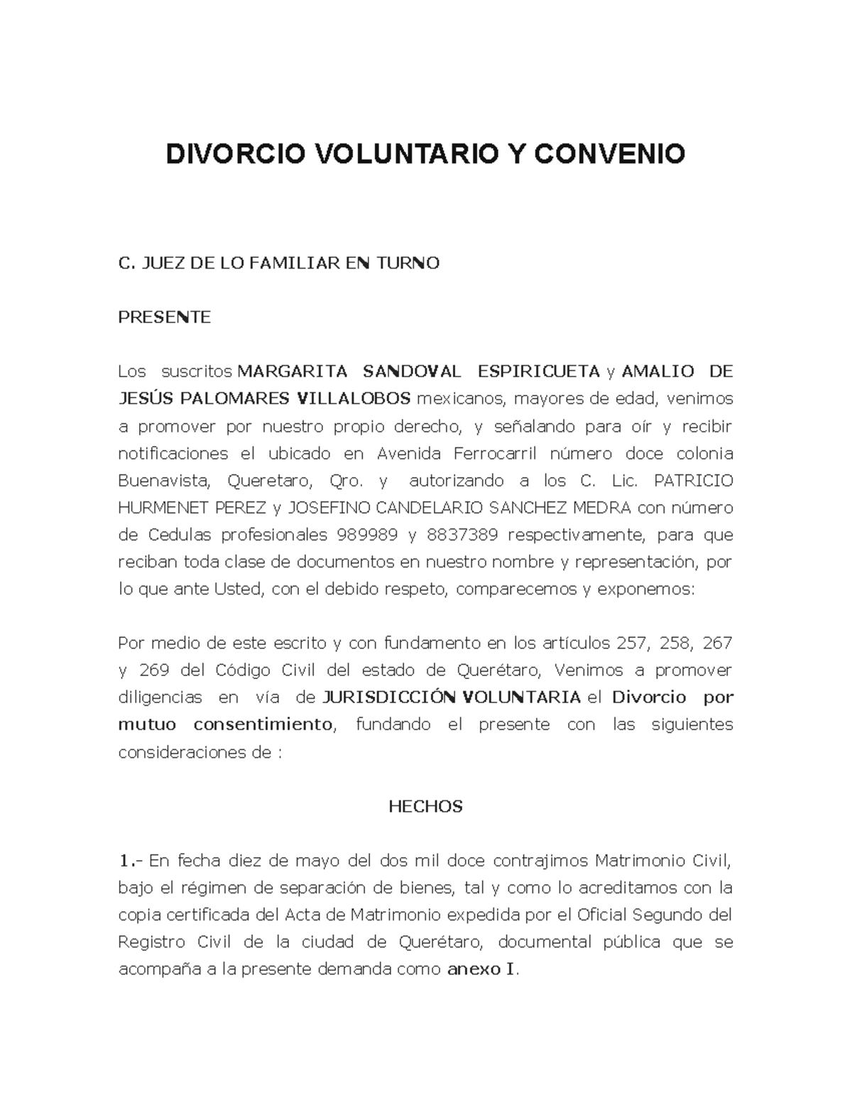 Divorcio Voluntario Y Convenio - DIVORCIO VOLUNTARIO Y CONVENIO C. JUEZ DE LO FAMILIAR EN TURNO ...