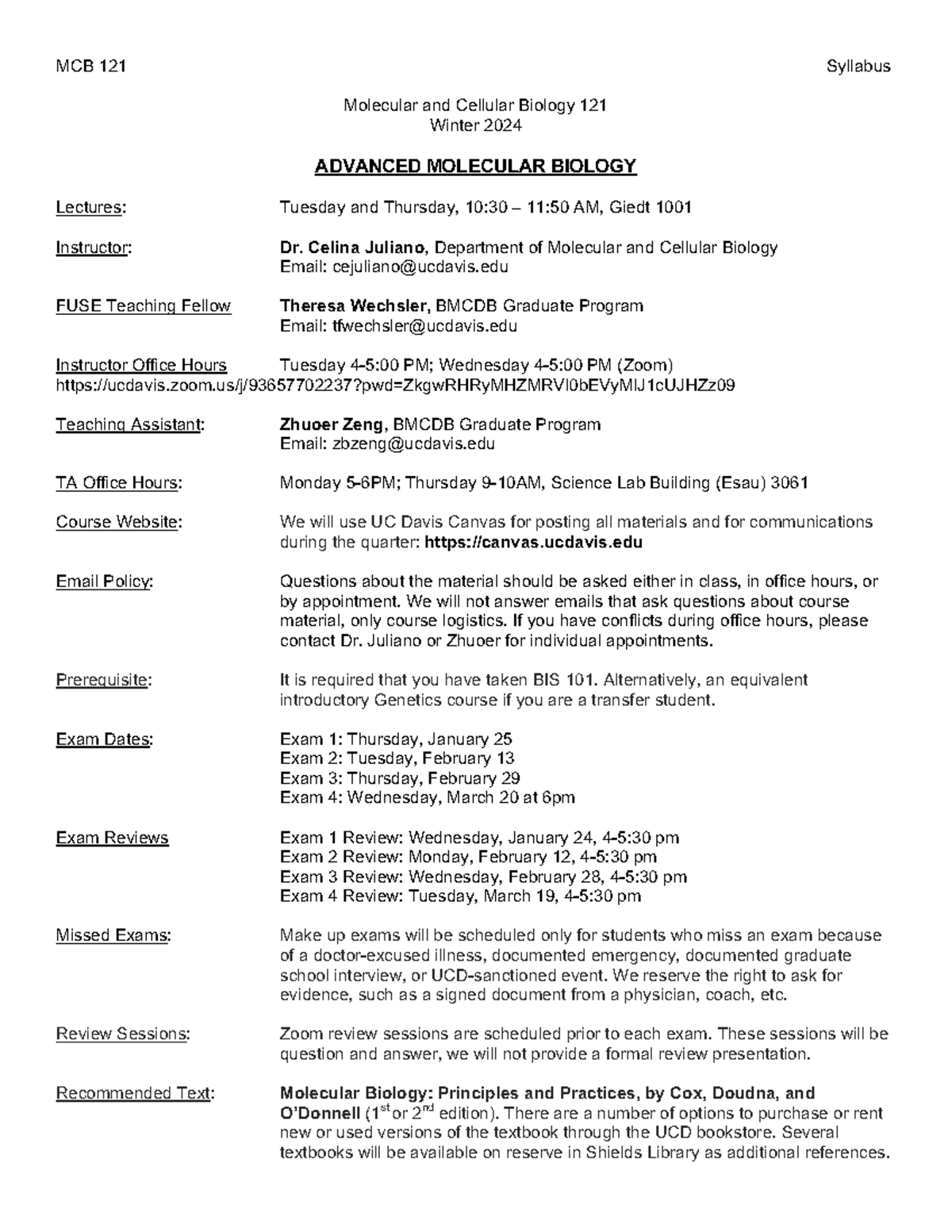 MCB 121 Syllabus: Advanced Molecular Biology Winter 2024 - Studocu
