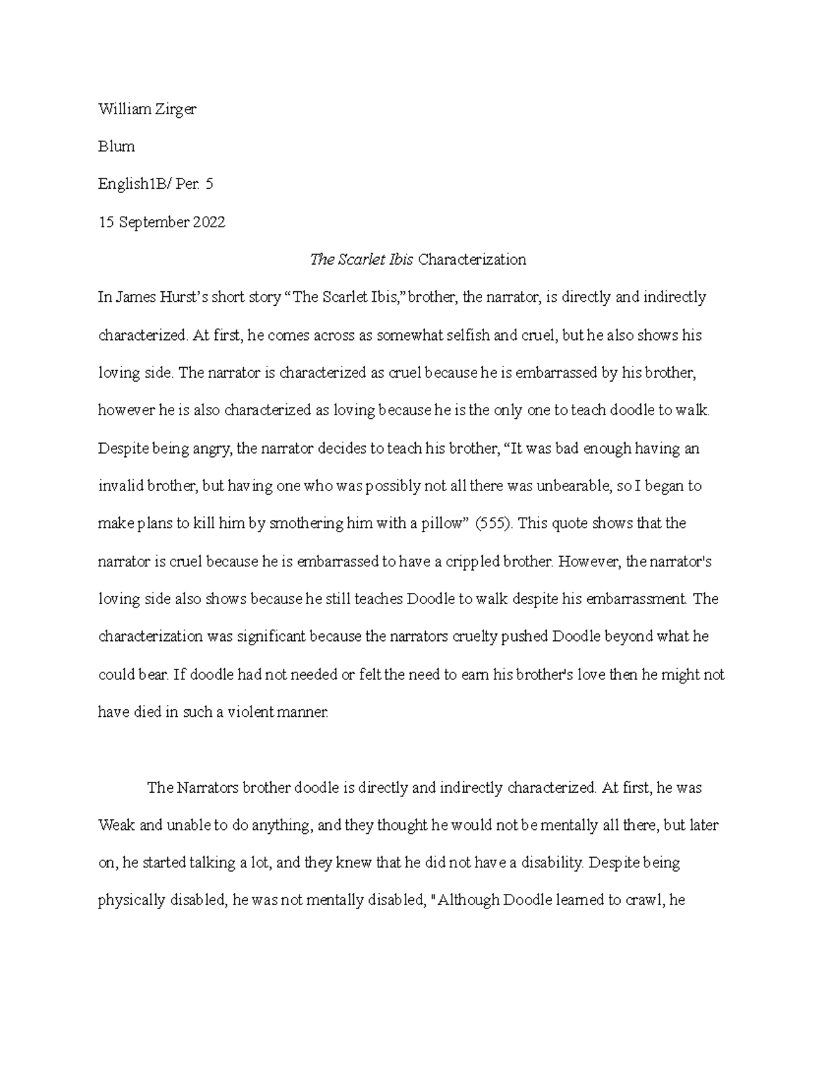Scarlet Ibis Characterization Analysis - English1B Per. 5 Notes - Studocu