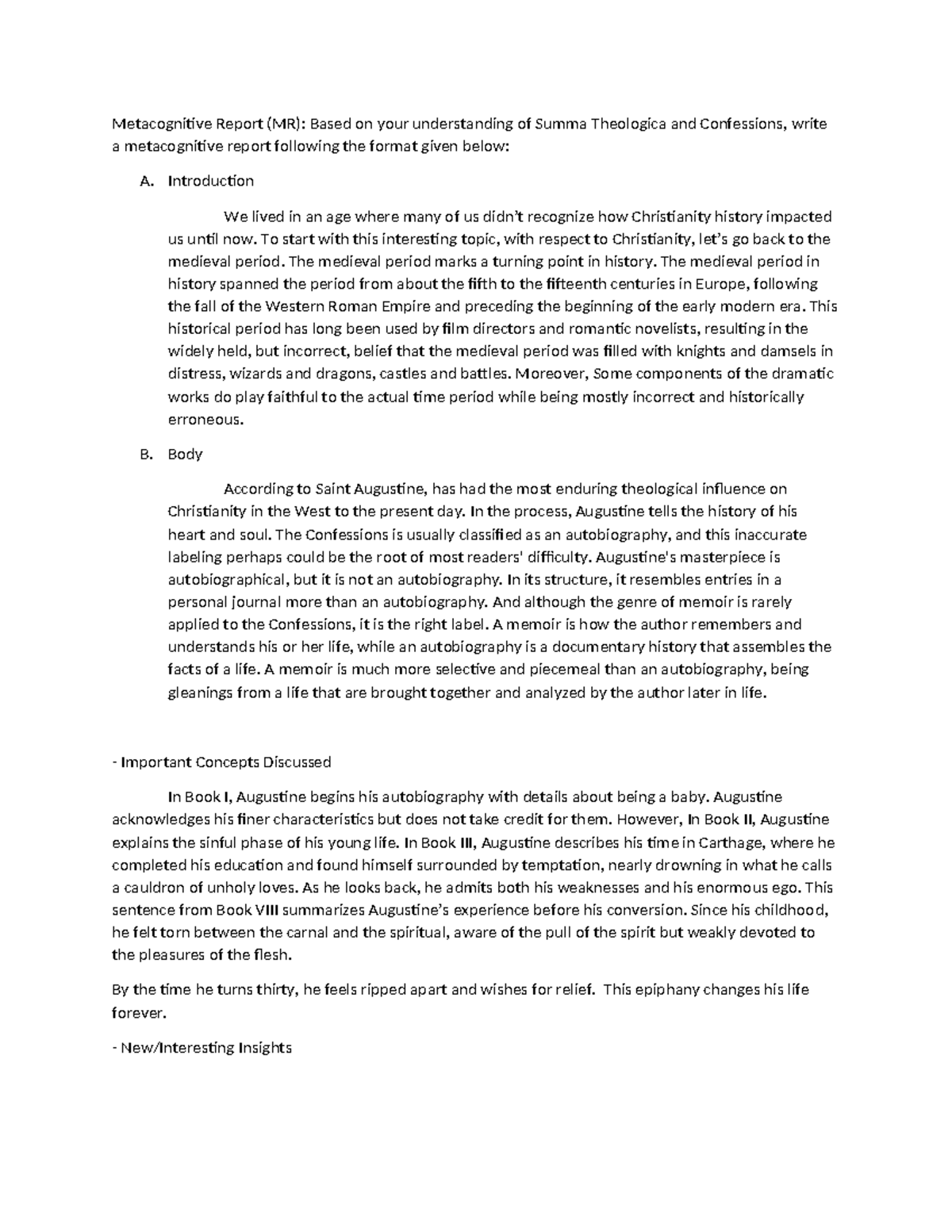 Metacognitive Report 1 confessions - Metacognitive Report (MR): Based ...