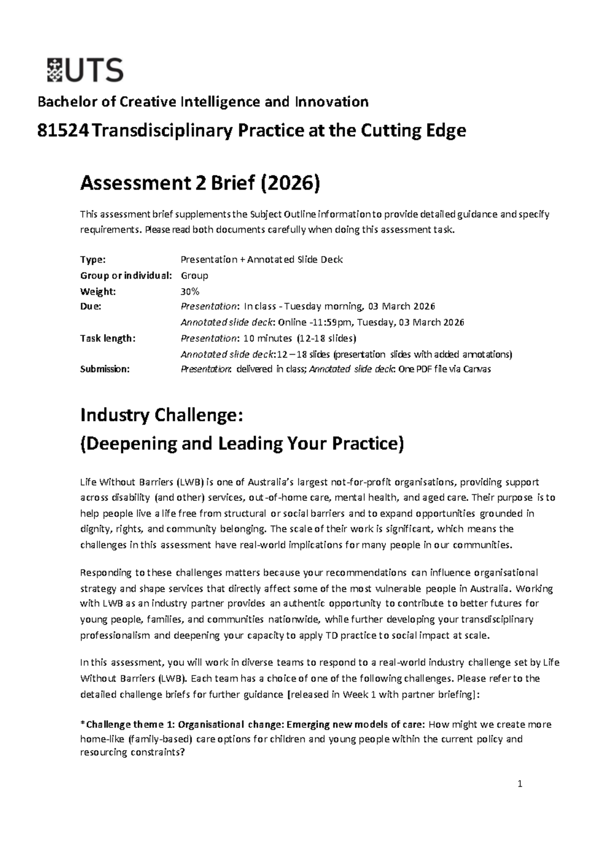 BCII 81524 Assessment 2 Brief: Transdisciplinary Practice & LWB ...