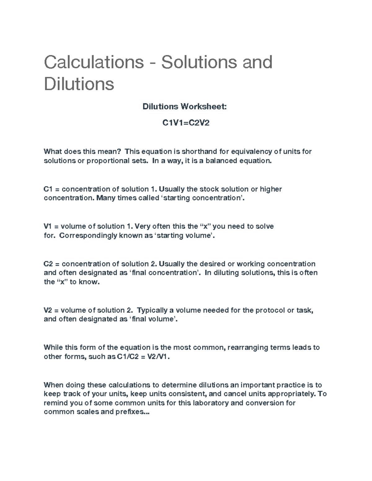 Dilutions Calculations Worksheet: C1V1=C2V Notes and Examples - Studocu