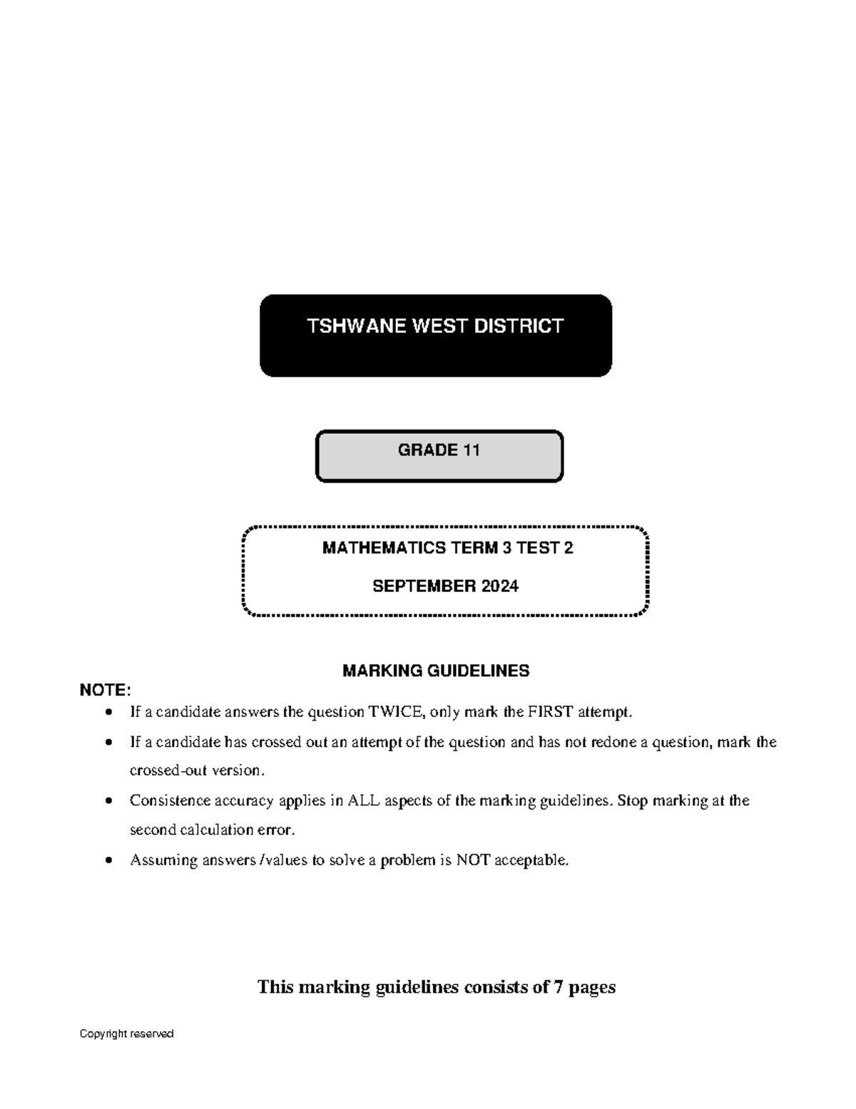 Mathematics Grade 11 Term 3 Test 2 Marking Guidelines (TSHWANE WEST ...