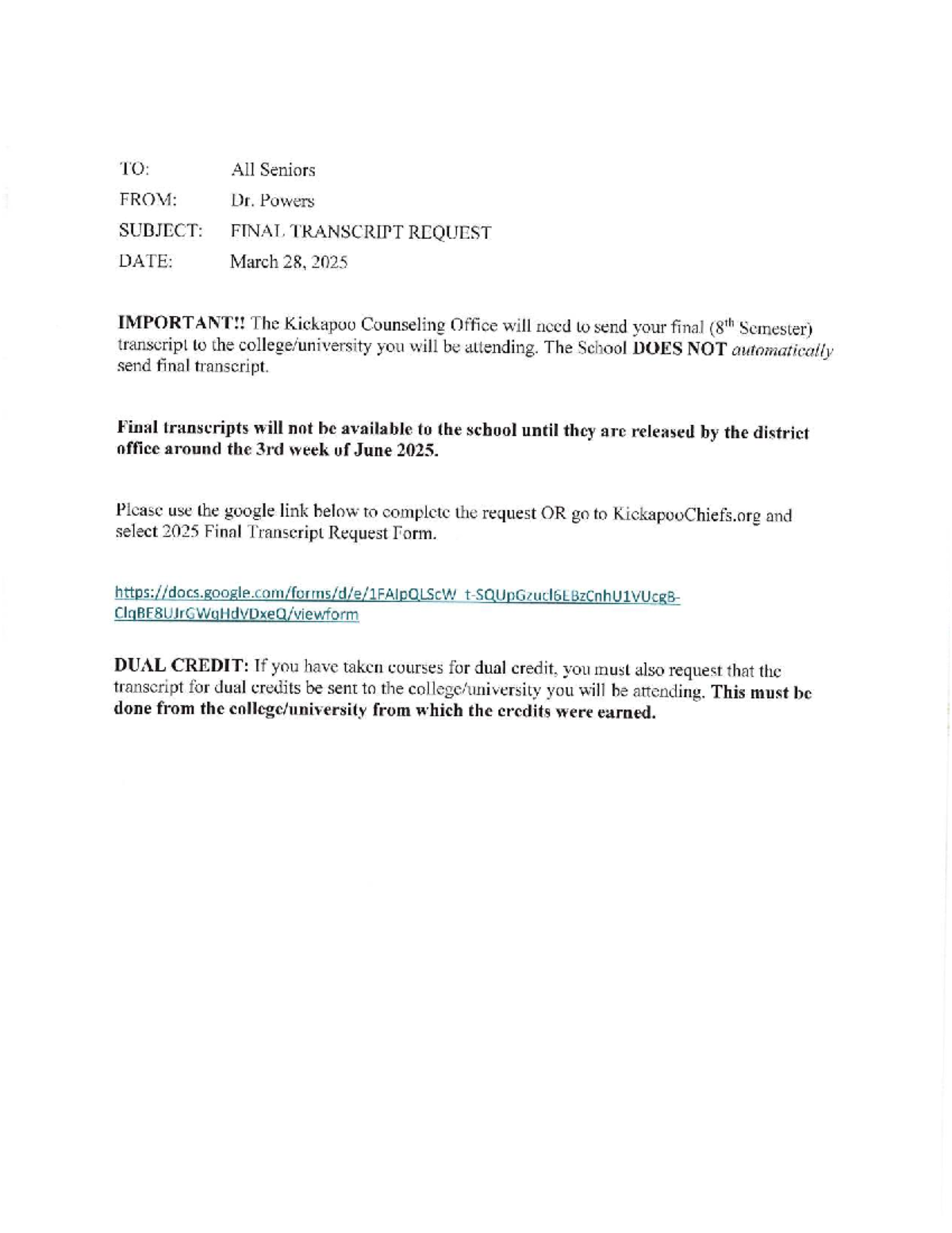 2025 Final Transcript Request for Seniors - Important Info Inside - Studocu