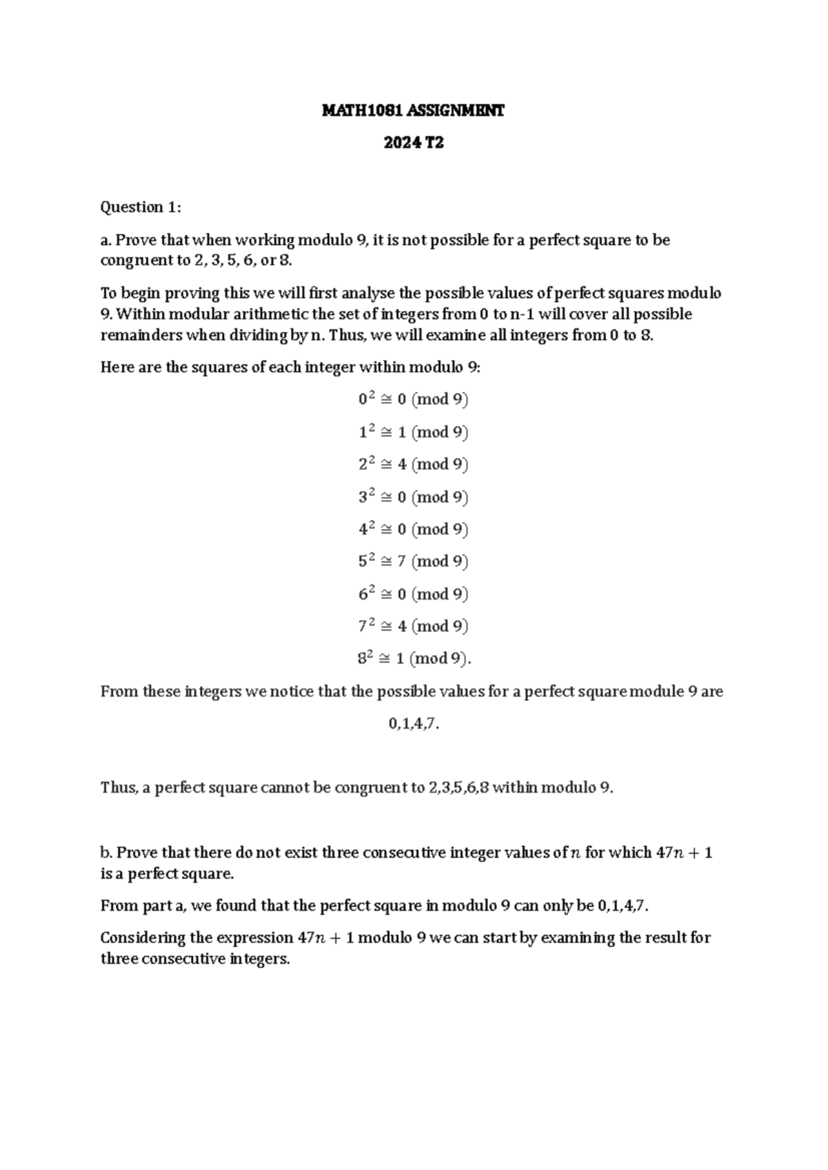 MATH1081 Assignment Draft 1 - MATH1081 ASSIGNMENT 2024 T Question 1: a. Prove that when working ...
