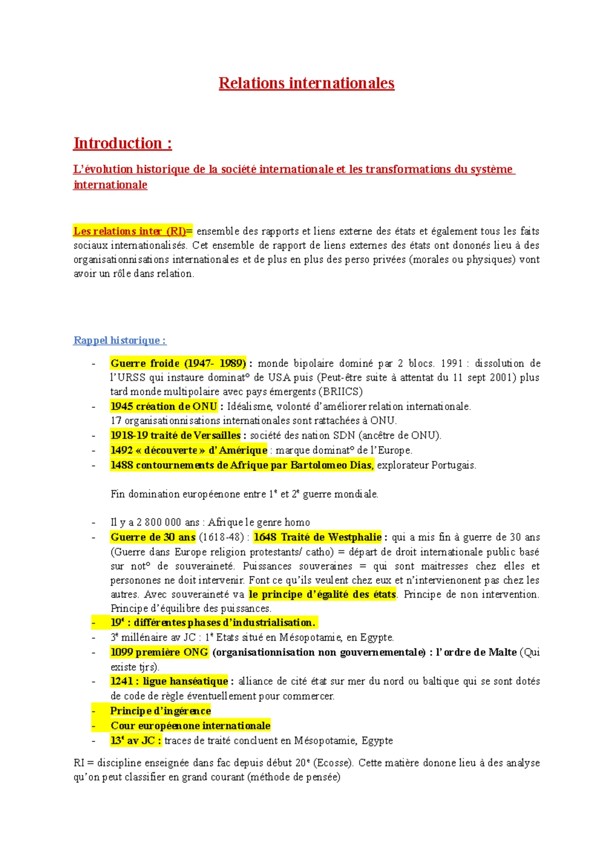 Cours Complet - Relations internationales Introduction : L’évolution ...