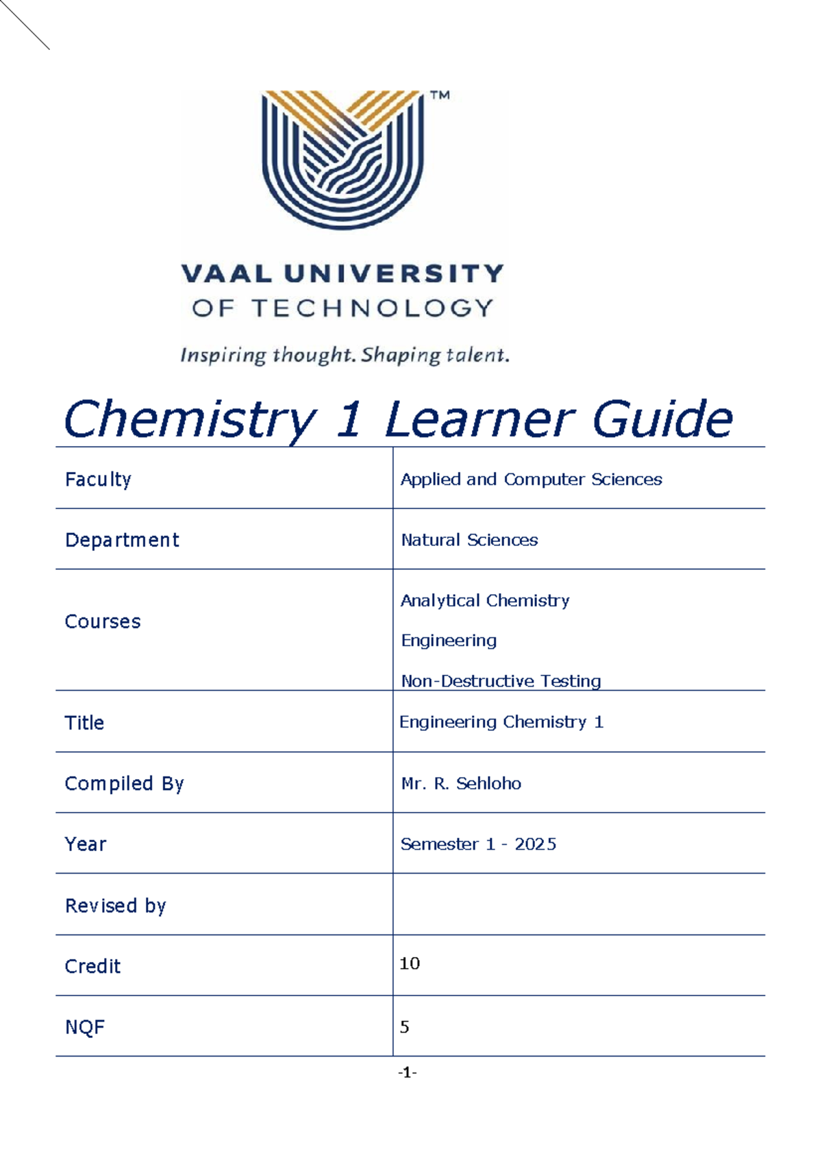 Engineering Chemistry 1 - Aaech 1A-2025 Final Learner Guide - Studocu