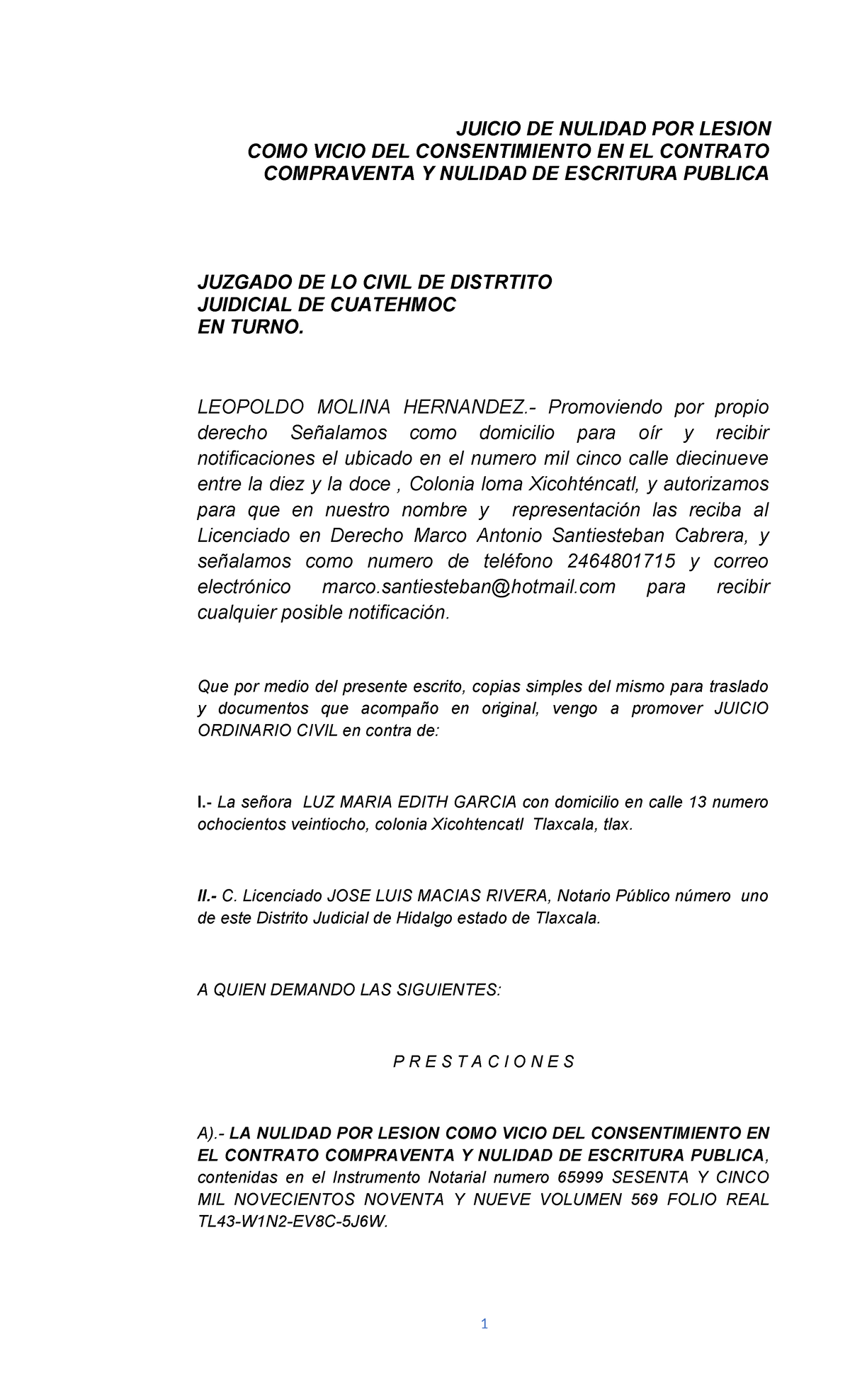 JUICIO ORDINARIO CIVIL DE NULIDAD POR LESIÓN EN COMPRAVENTA - Studocu