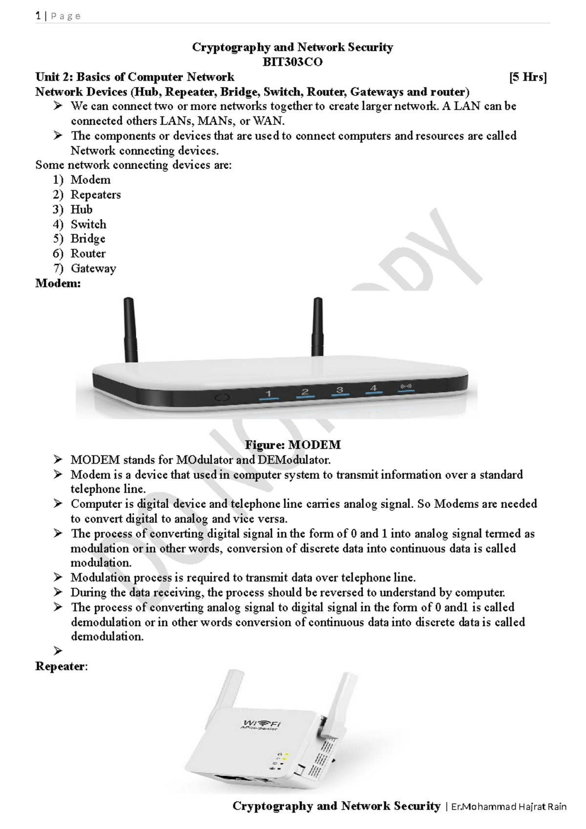 Cryptography and Network Security BIT303CO Unit 2: Network Devices Overview - Studocu